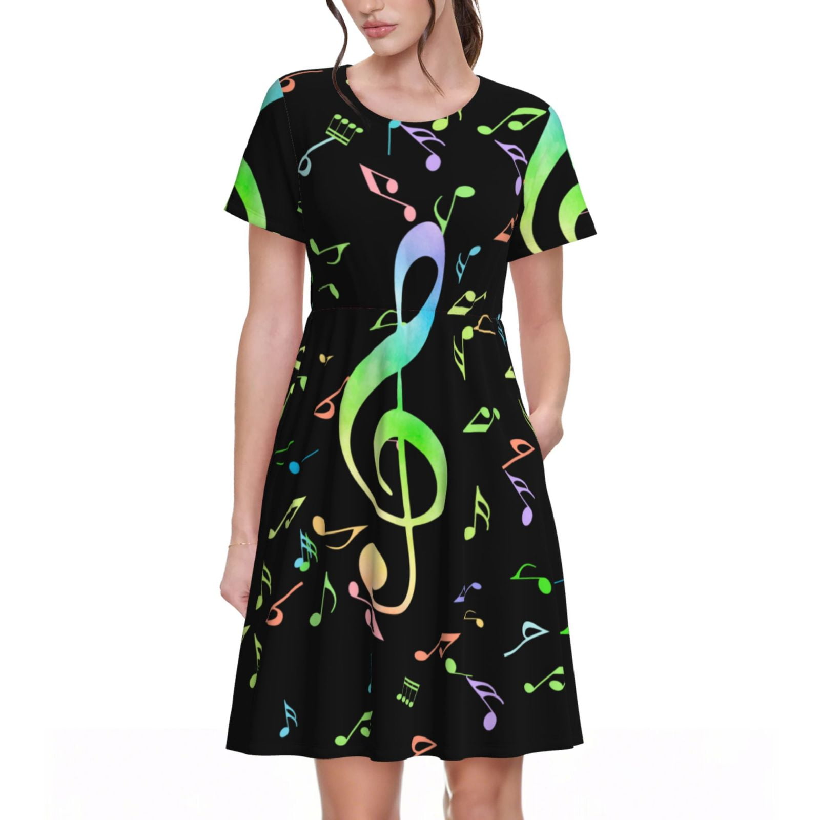 Defioc Music Notes Pattern Womens Summer Dresses Short Sleeve Sundress ...