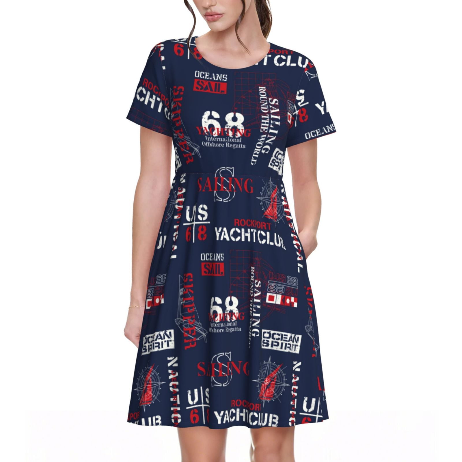 Defioc Nautical Style Sailboat Pattern Womens Summer Dresses Short ...