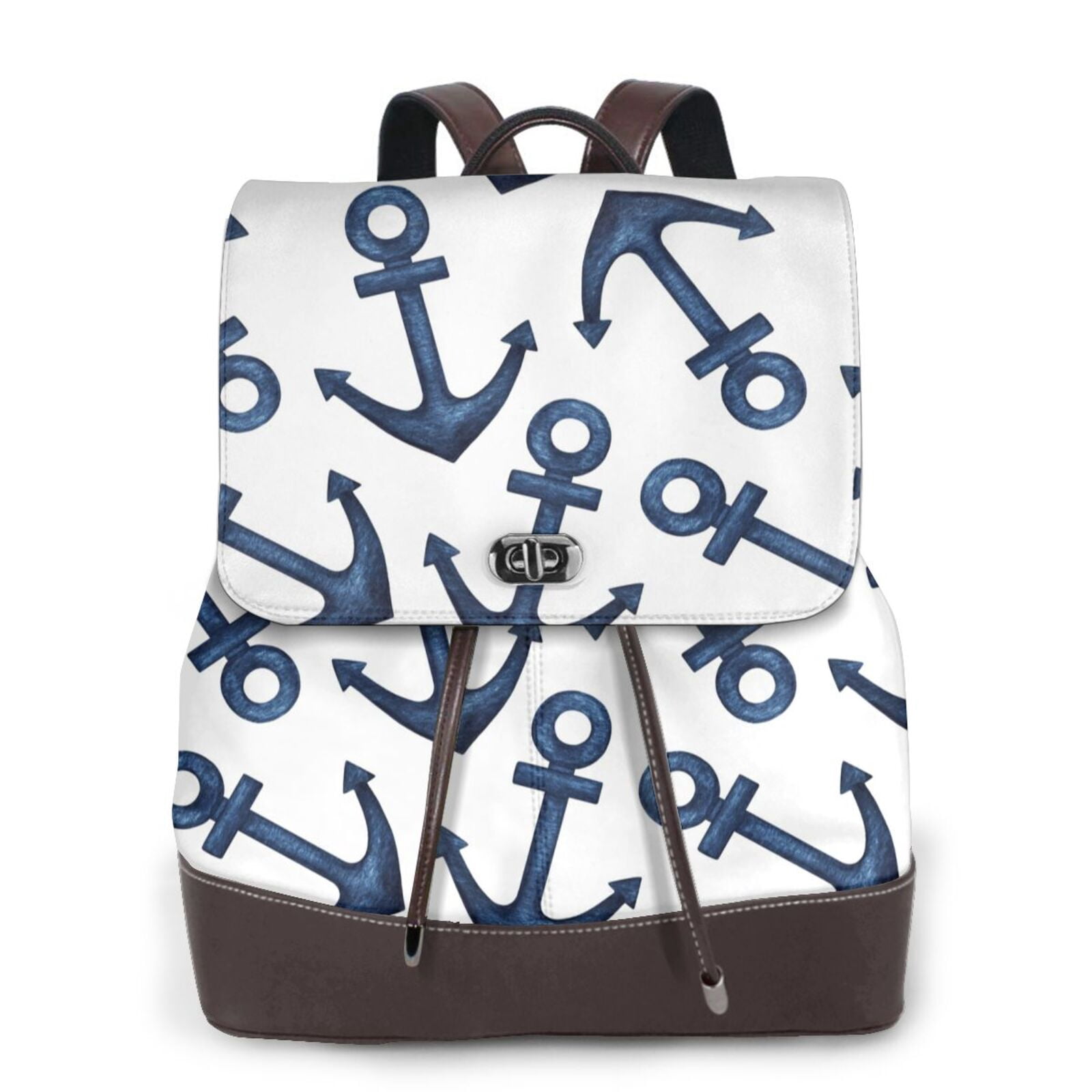Defioc Navy Blue Anchors Print PU Leather Backpack,Backpack Purse for ...
