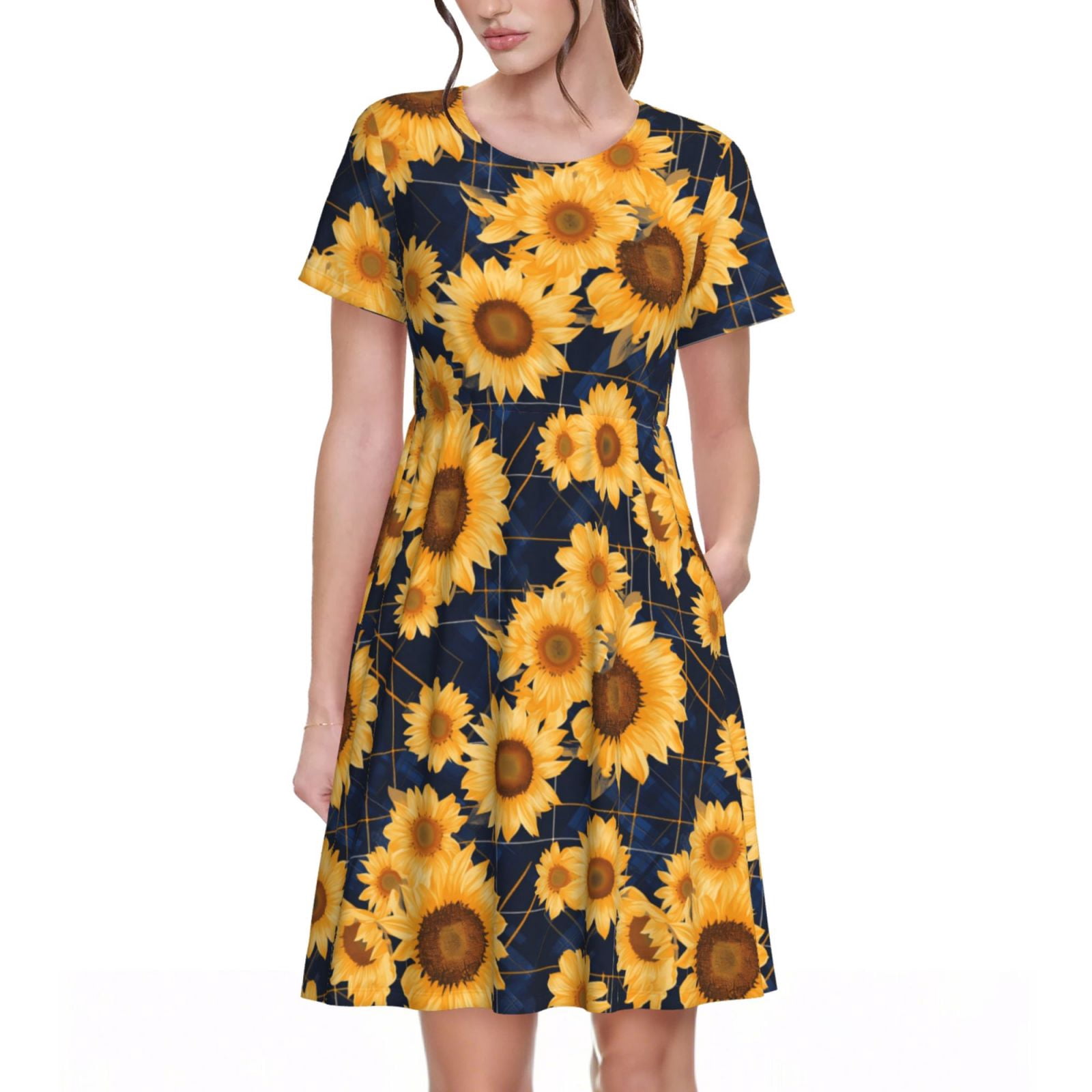 Defioc Navy Blue Plaid Sunflower Pattern Womens Summer Dresses Short ...
