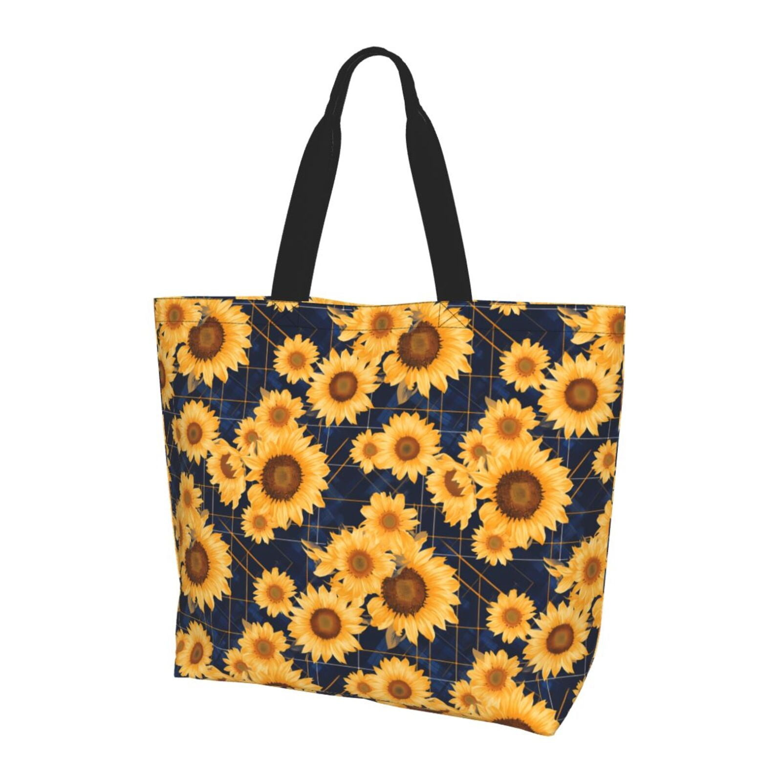 Defioc Navy Blue Plaid Sunflowerfor Women's Tote Bag - Shopping Bag ...