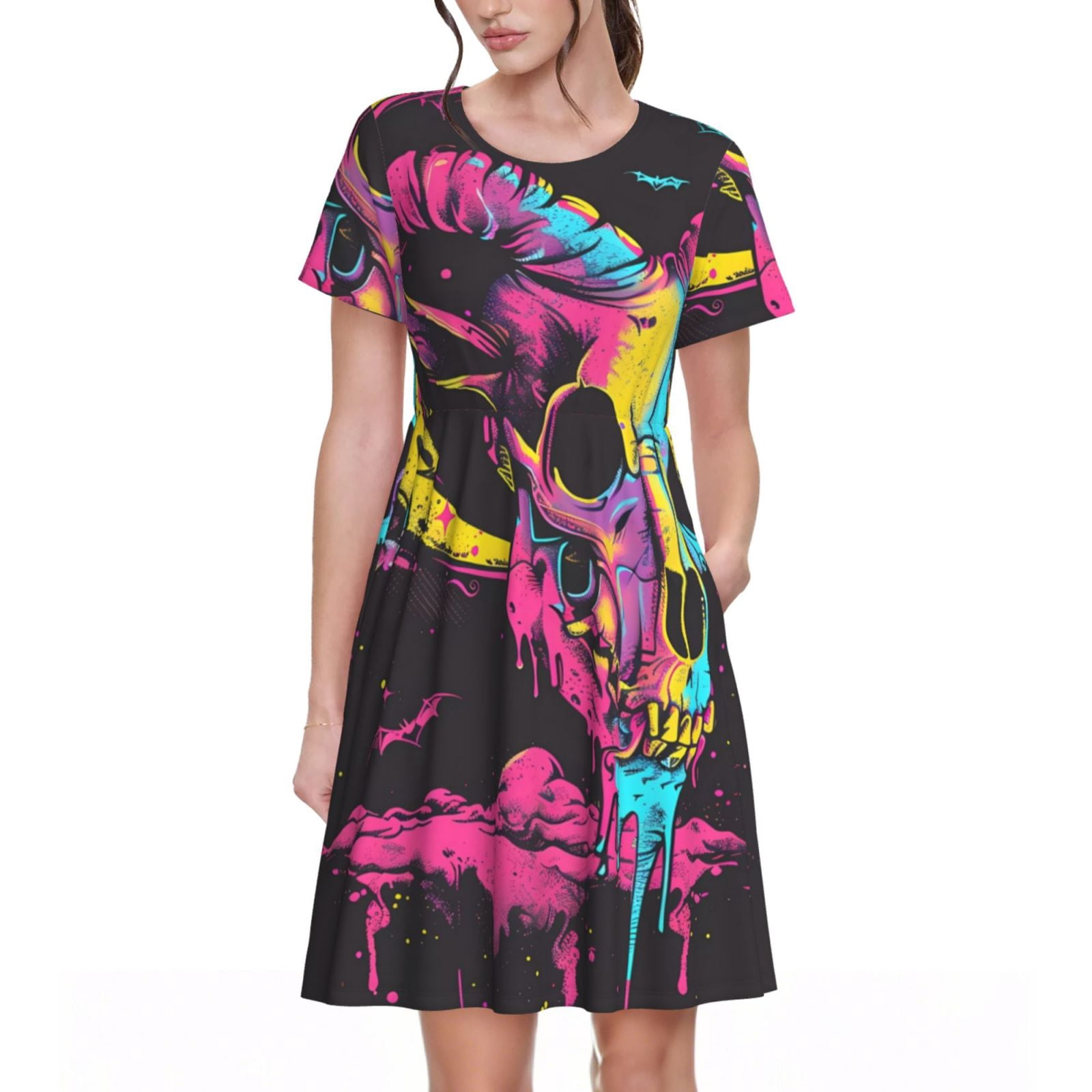 Defioc Neon Gothic Skull Moon Pattern Womens Summer Dresses Short ...