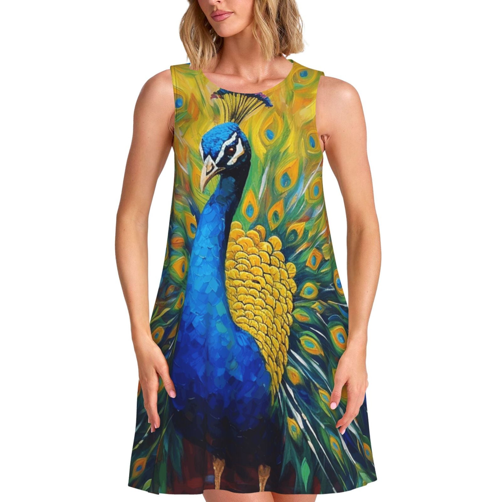 Defioc Peacocks Pattern Women's Summer Dresses 2025 Beach Casual Sleeveless Tank Loose Sundress ...