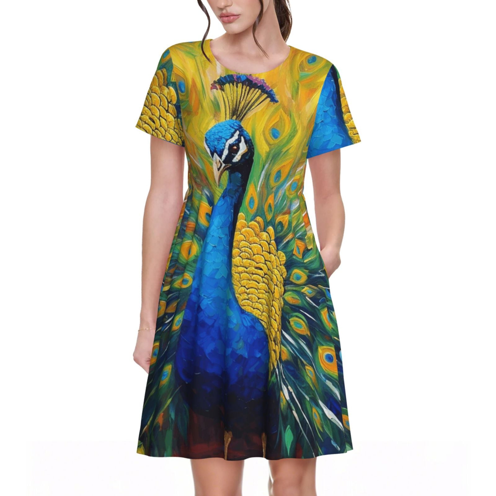 Defioc Peacocks Pattern Womens Summer Dresses Short Sleeve Sundress 2025 Beach Vacation Dresses ...