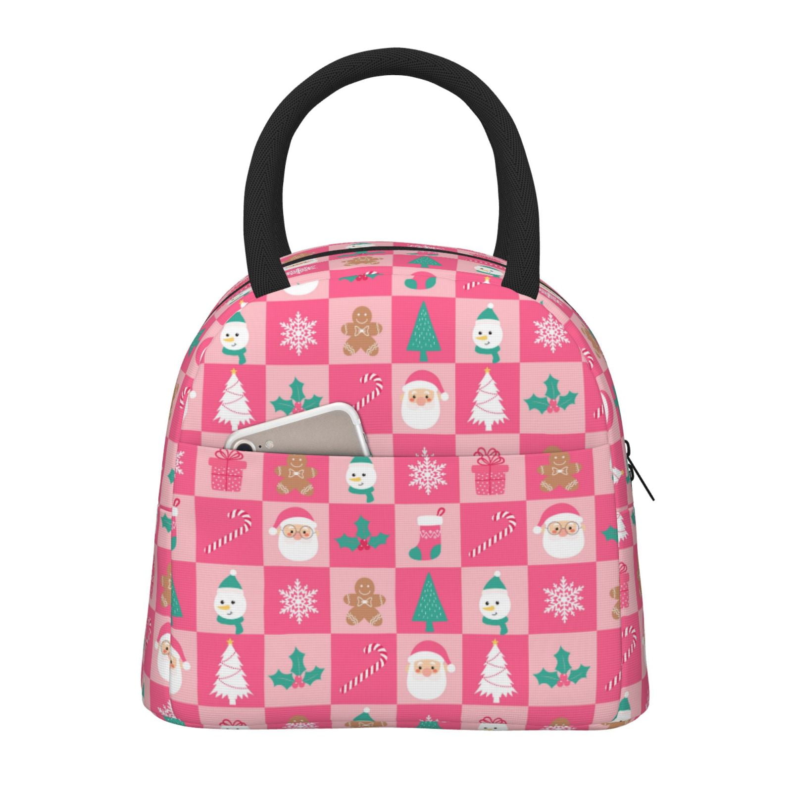 Defioc Pink Christmas Cheer Print LunchBag for Women and Men ...