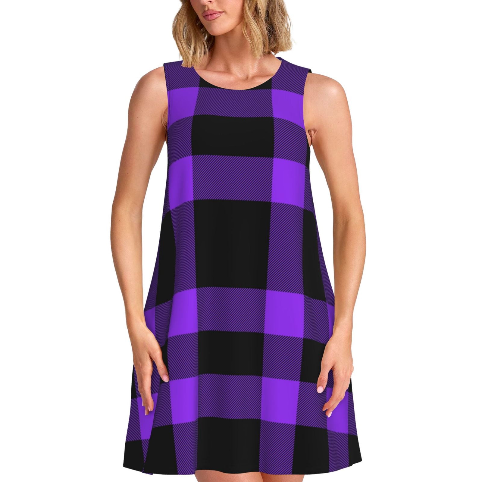 Defioc Purple Buffalo Plaid Pattern Women's Summer Dresses 2025 Beach ...