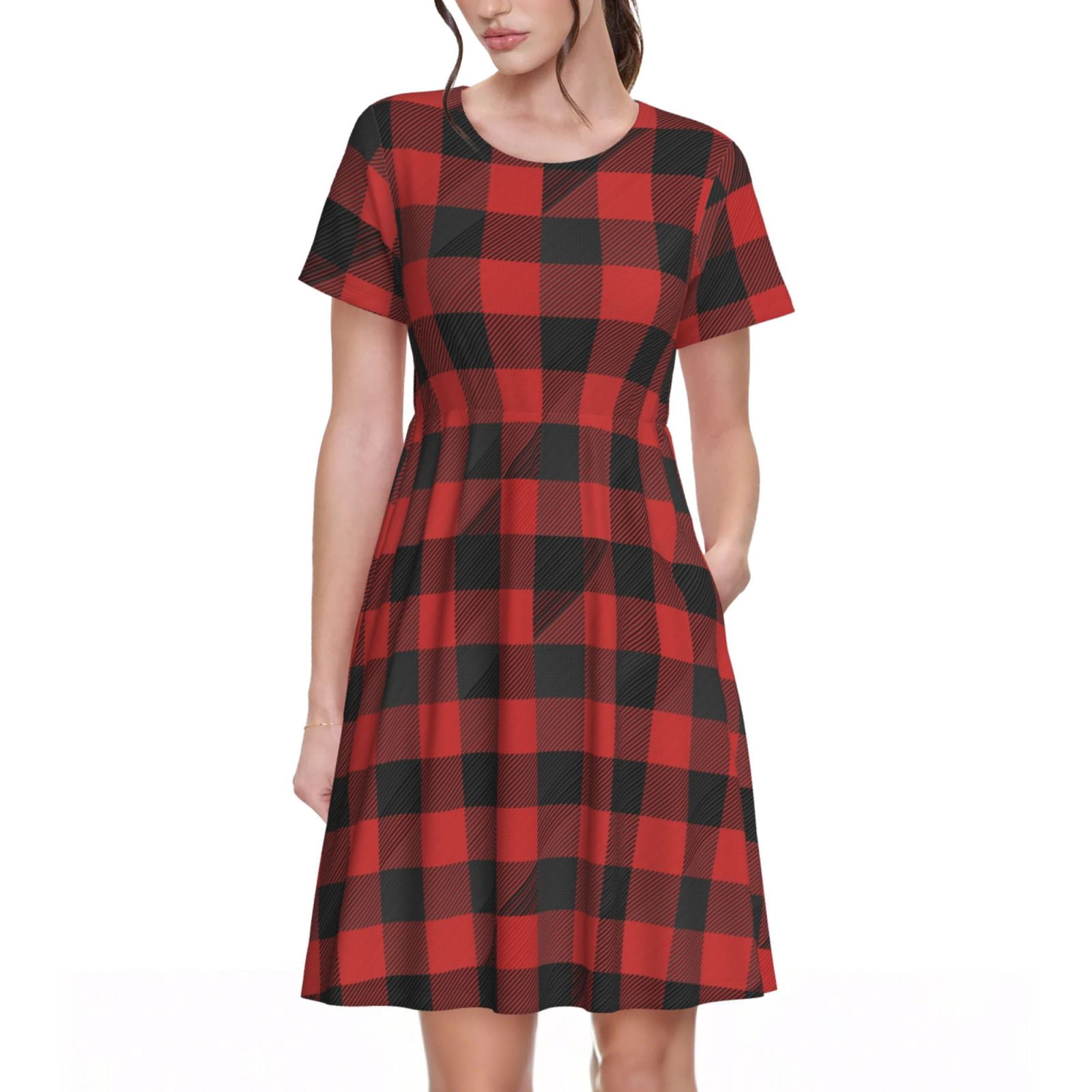 Defioc Red Black Plaid Pattern Womens Summer Dresses Short Sleeve ...