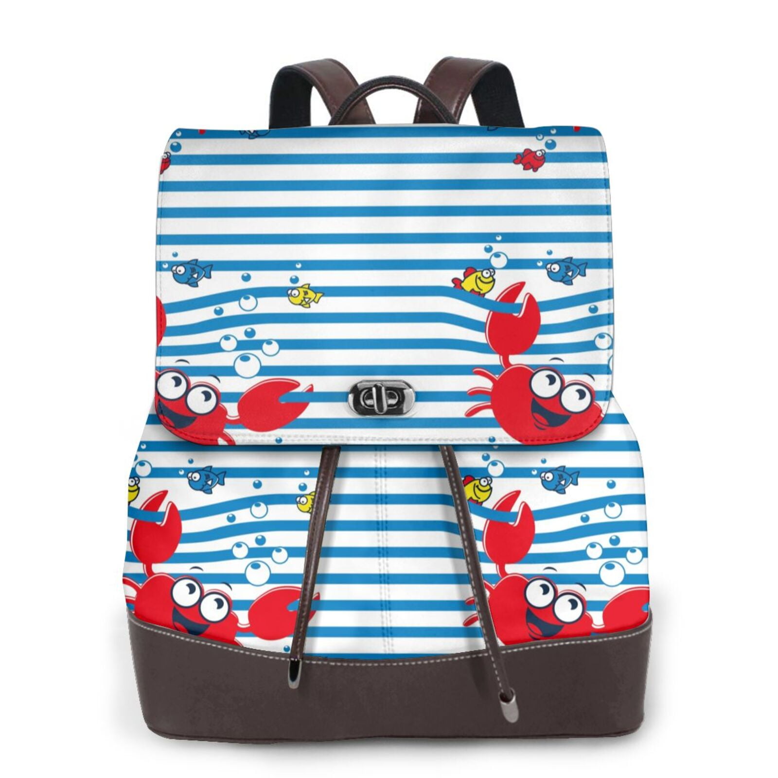 Defioc Red Funny Crab on Blue Stripe Print PU Leather Backpack,Backpack ...