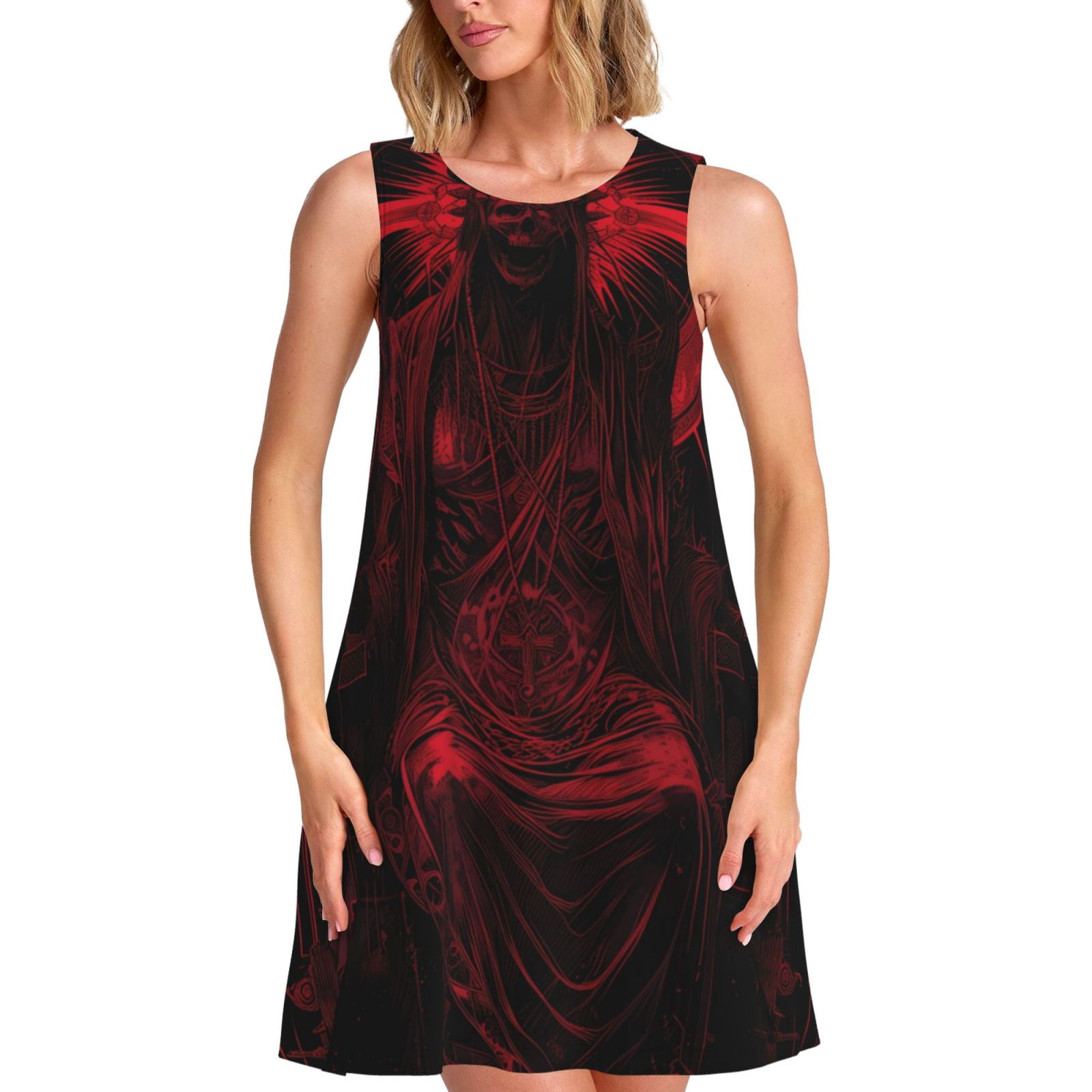Defioc Red Gothic Skeleton Throne Pattern Women's Summer Dresses 2025 ...