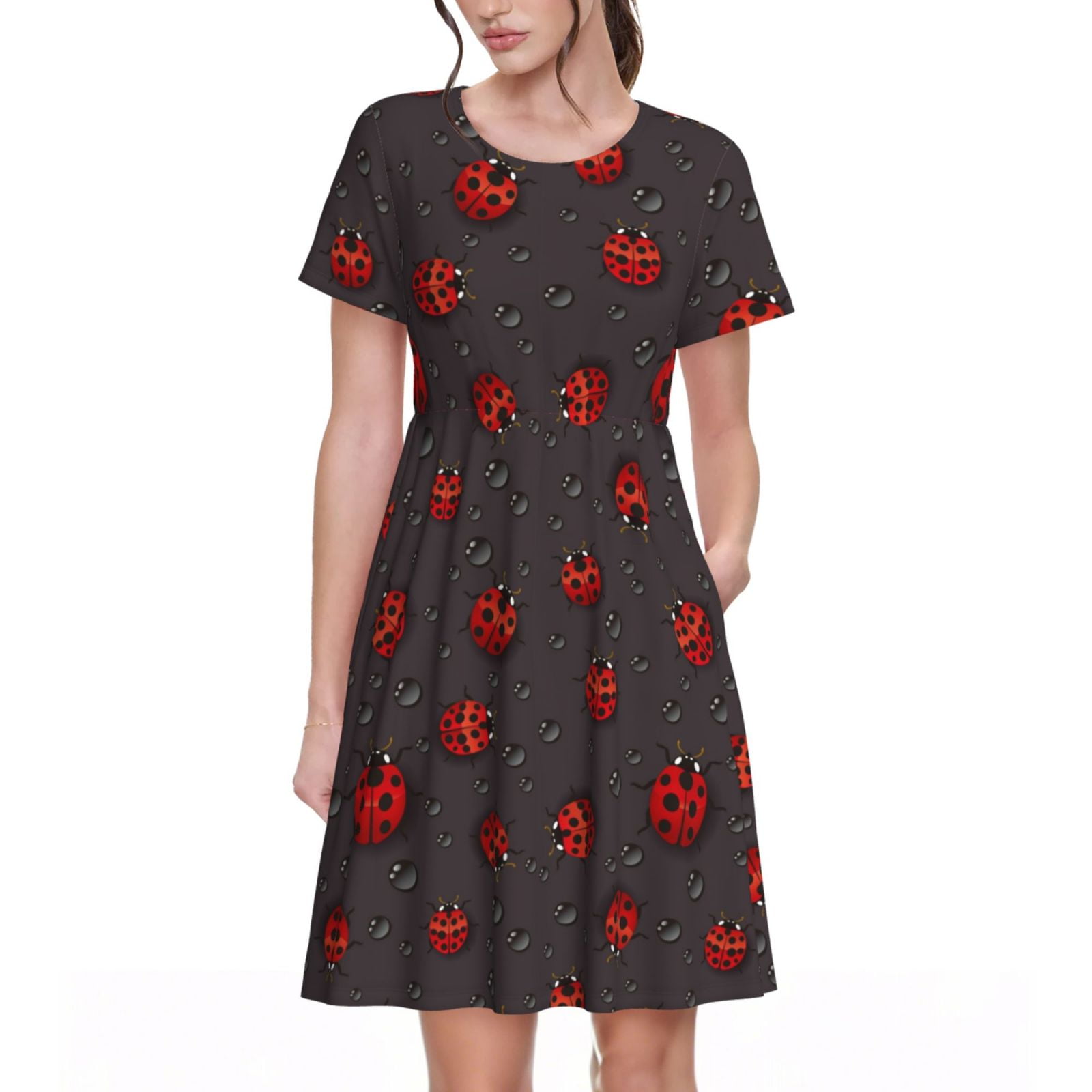 Defioc Red Ladybugs On Dark Background Pattern Womens Summer Dresses ...
