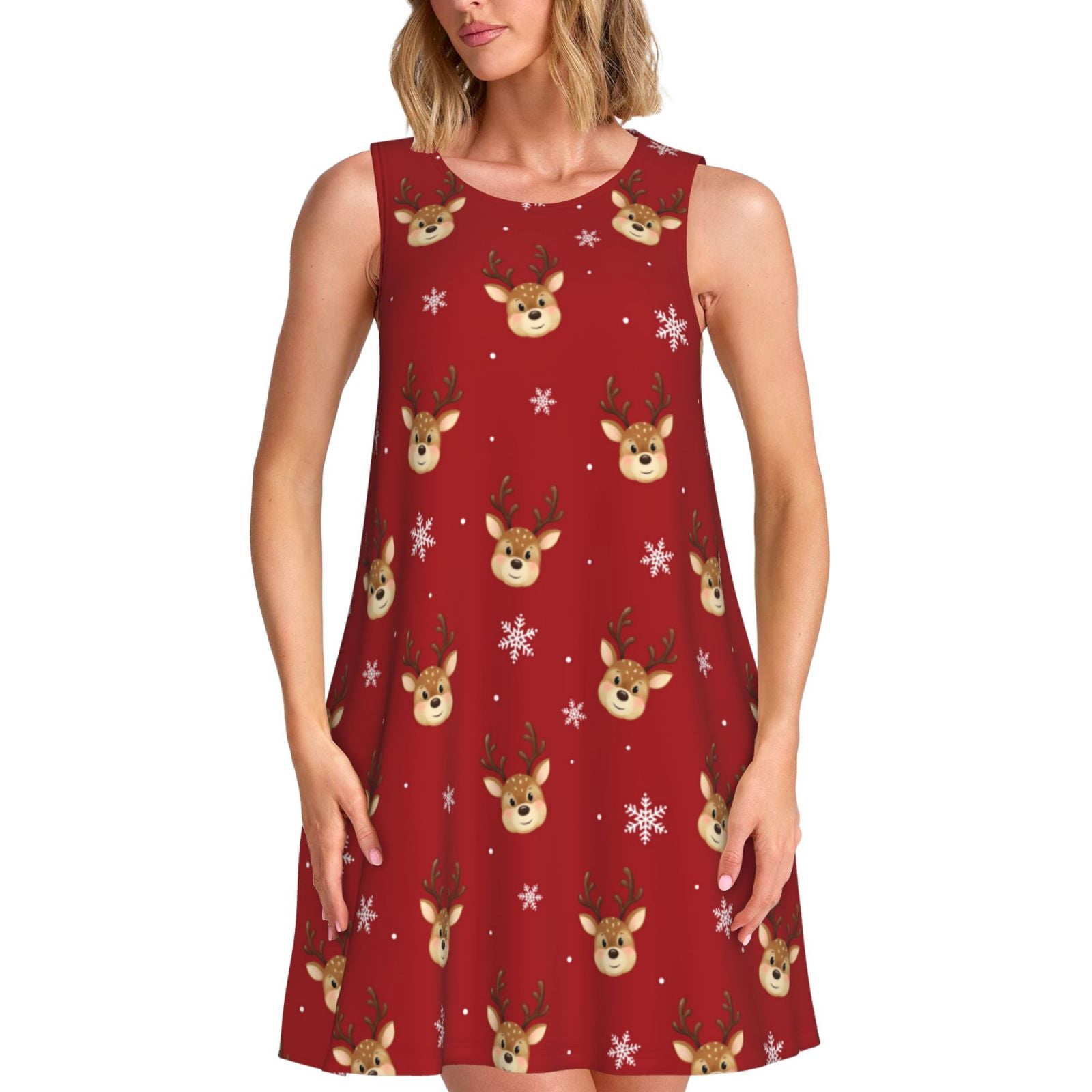 Defioc Reindeer Faces Festive Red Pattern Women's Summer Dresses 2025 ...