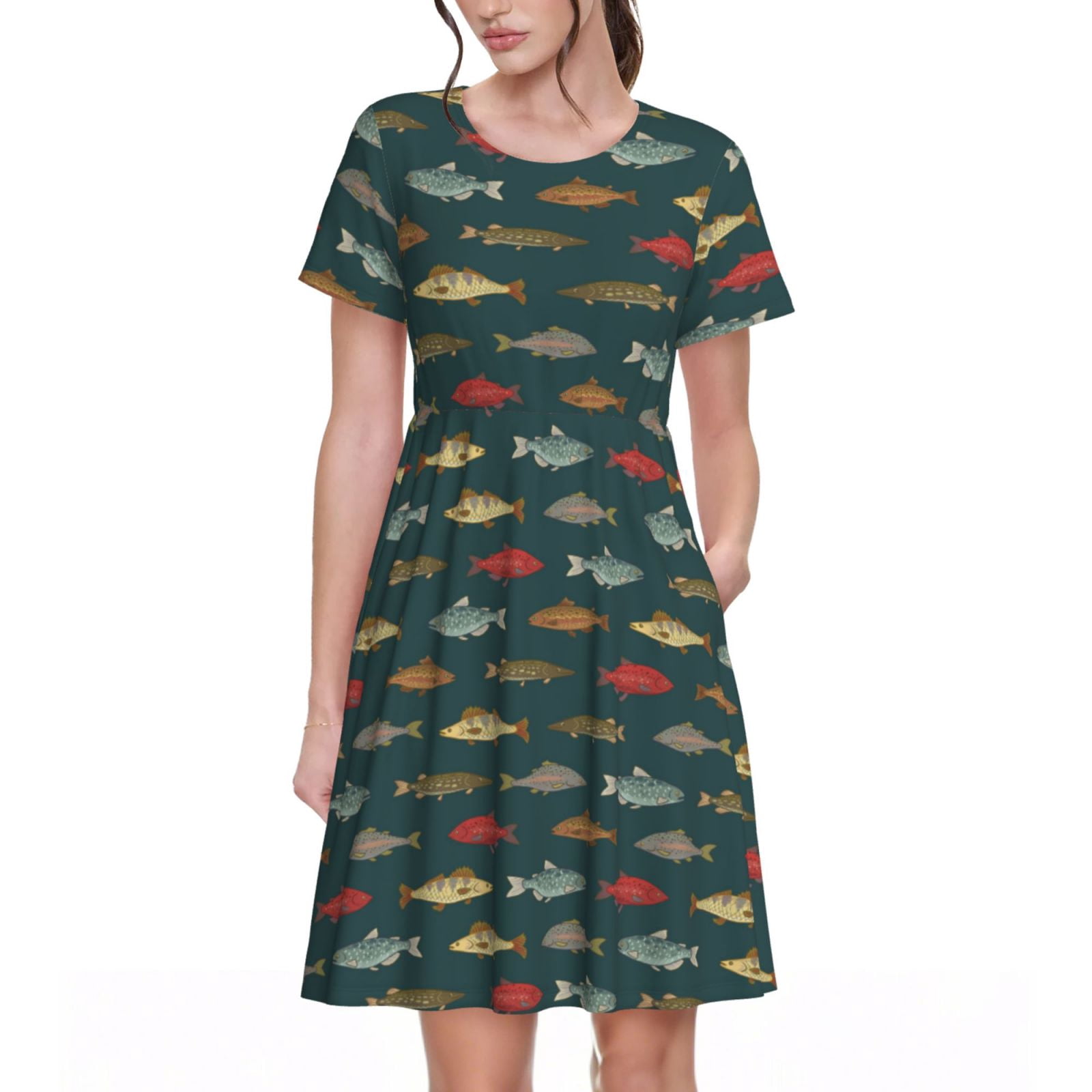 Defioc River Freshwater Fish Pattern Womens Summer Dresses Short Sleeve ...