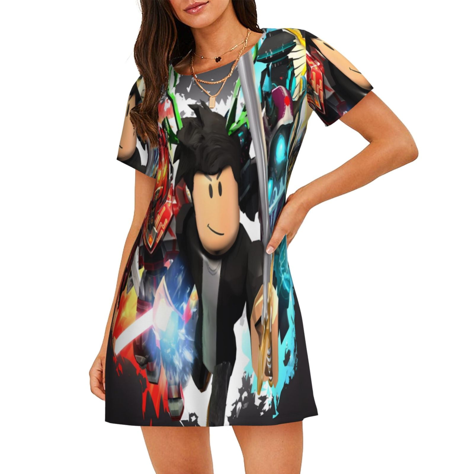 Defioc Roblox Pattern Women's Nightgown,Short Sleeve Sleepwear Comfy ...