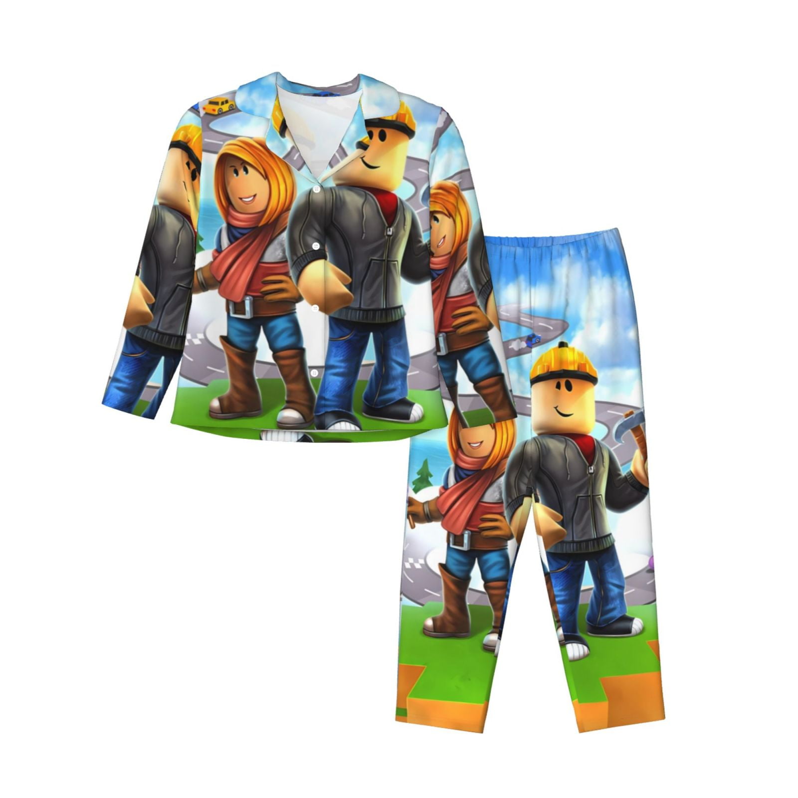 Defioc Roblox Pattern Womens Pajama Sets,Long Sleeve Button Down Pjs 2 ...