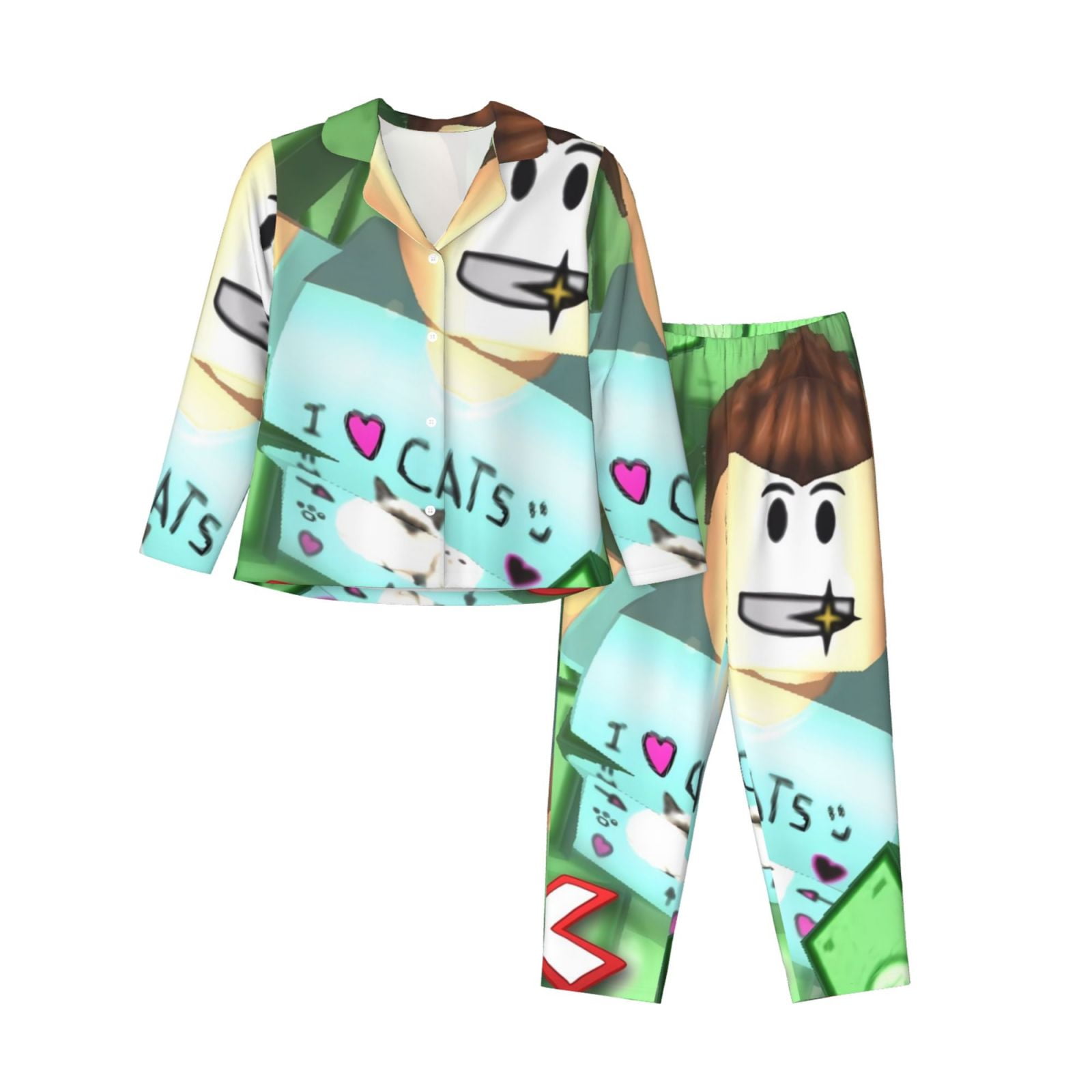 Defioc Roblox Pattern Womens Pajama Sets,Long Sleeve Button Down Pjs 2 ...