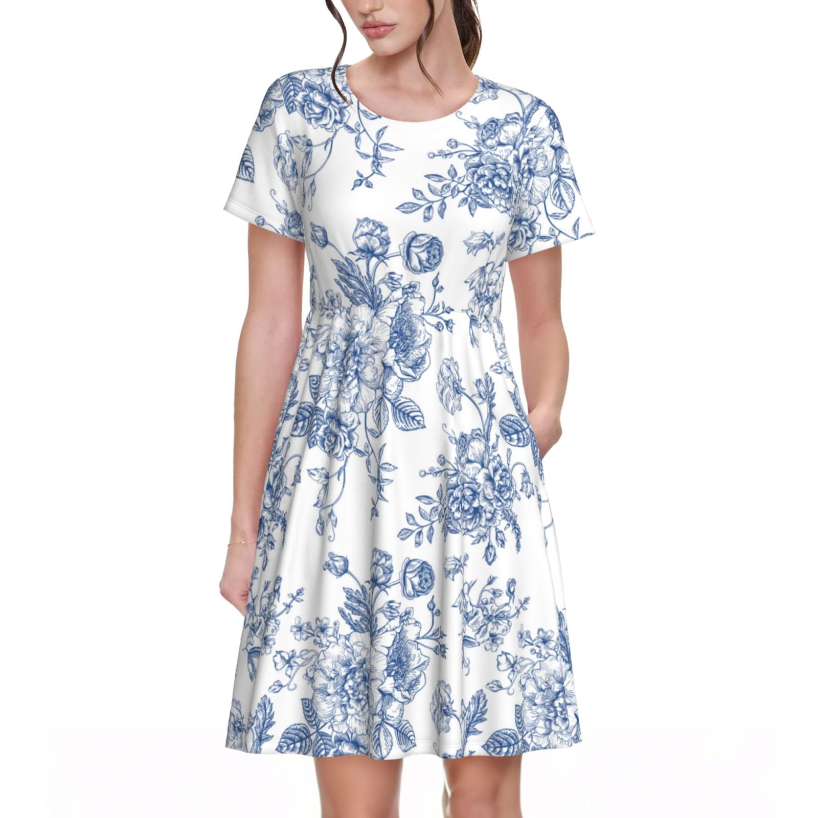 Defioc Rose Flowers Pattern Womens Summer Dresses Short Sleeve Sundress ...