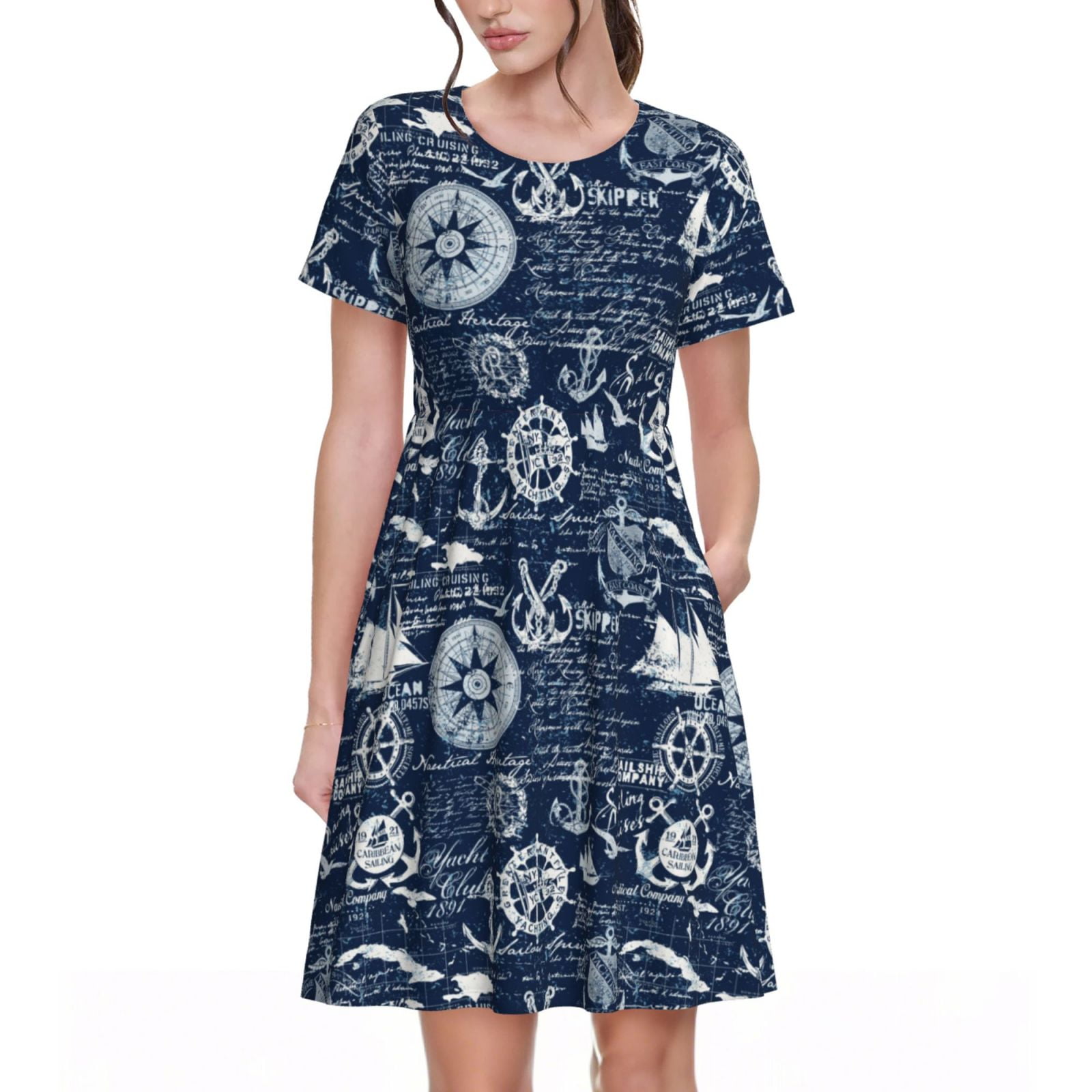 Defioc Sailing Cruises Nautical Pattern Womens Summer Dresses Short ...
