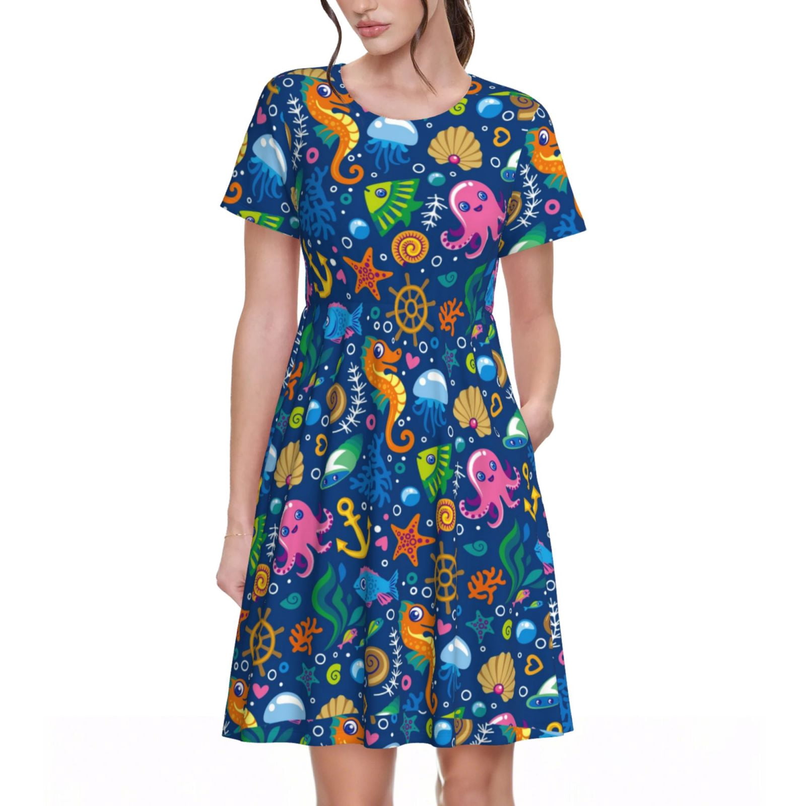 Defioc Sea Fish Pattern Womens Summer Dresses Short Sleeve Sundress ...
