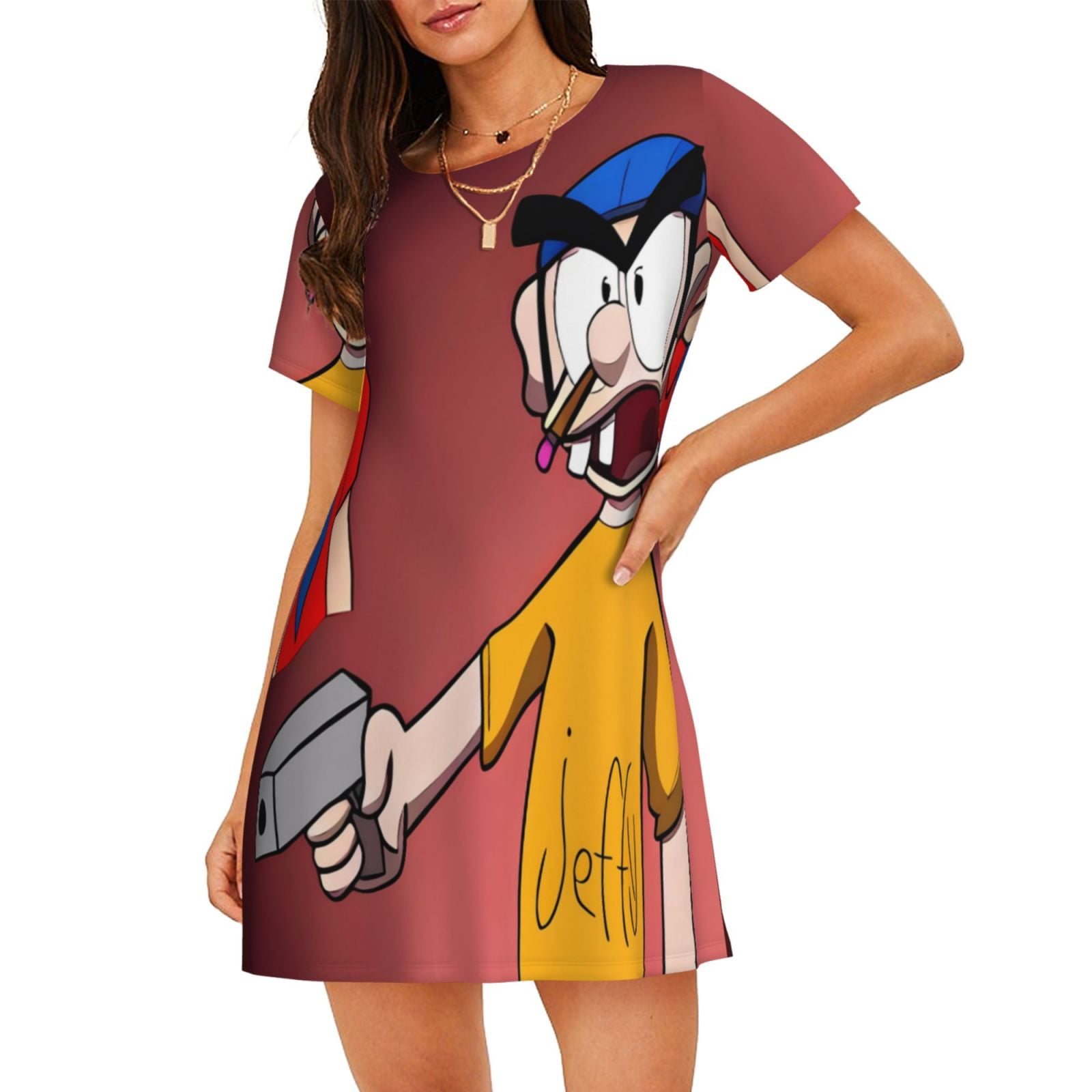 Defioc Sml Jeffy Pattern Women's Nightgown,Short Sleeve Sleepwear Comfy ...