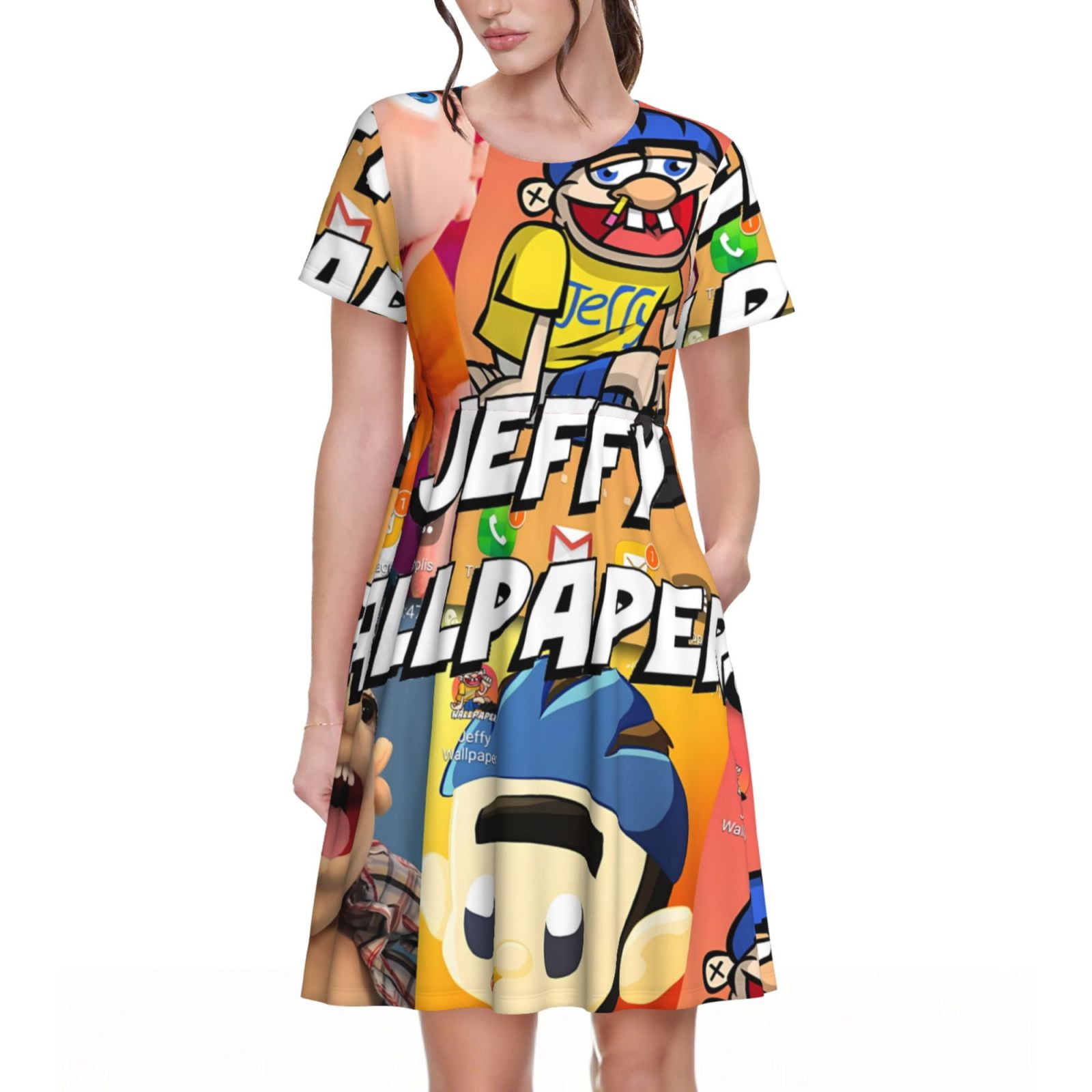 Defioc Sml Jeffy Pattern Womens Summer Dresses Short Sleeve Sundress 2025 Beach Vacation Dresses ...