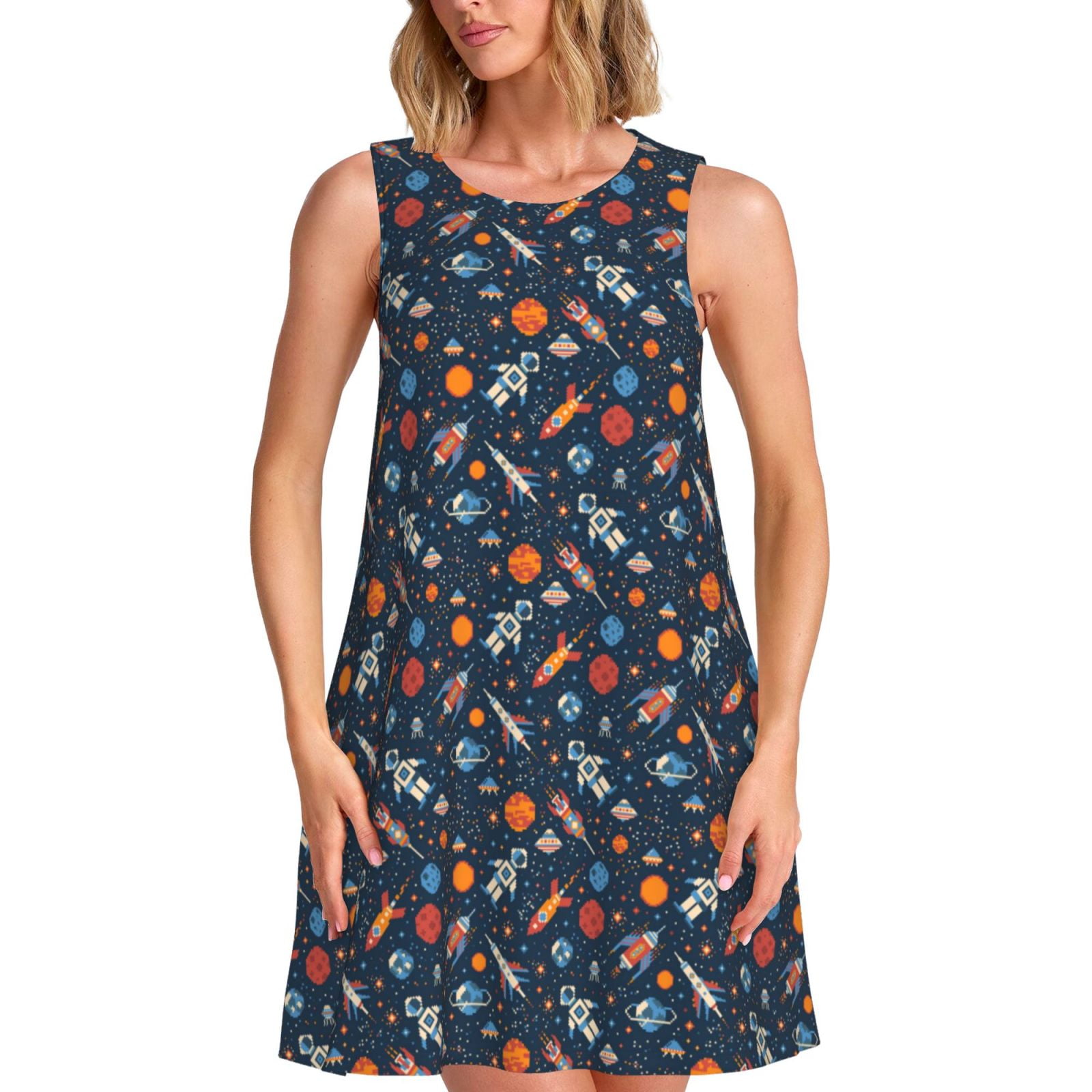Defioc Spaceships And Stars In Outer Space Pattern Women's Summer ...