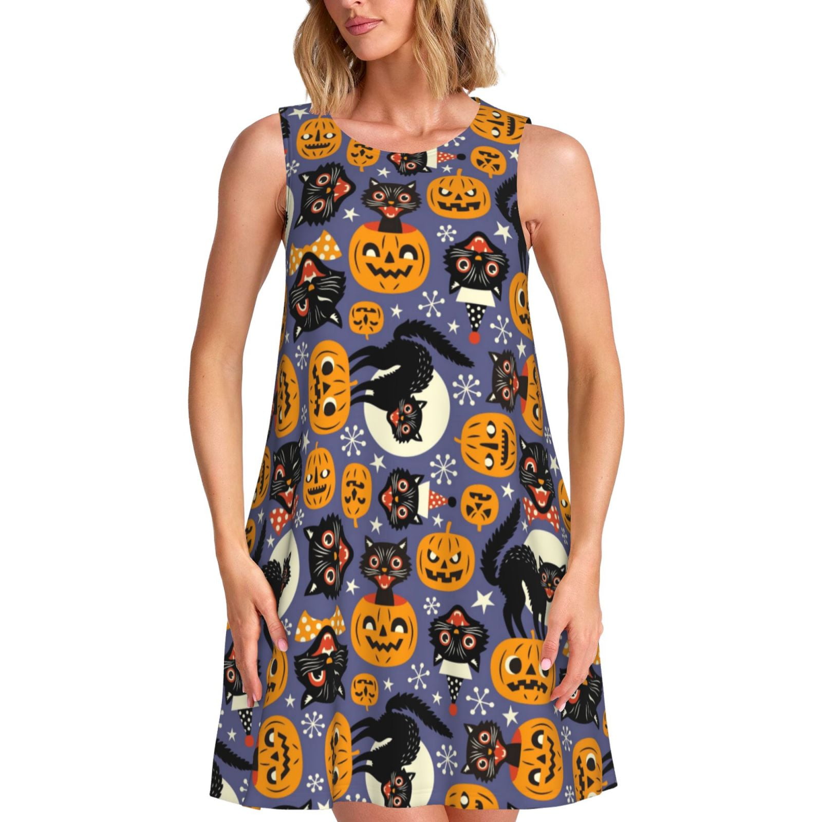 Defioc Spooky Cats And Halloween Pumpkins Pattern Women's Summer Dresses 2025 Beach Casual ...