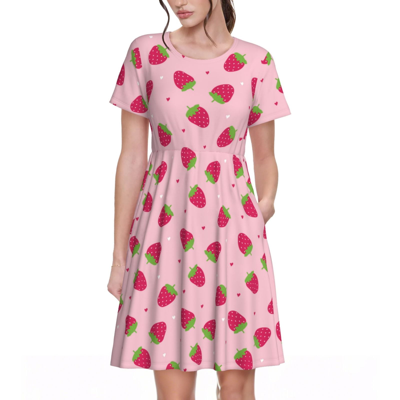 Defioc Strawberries Pattern Womens Summer Dresses Short Sleeve Sundress ...