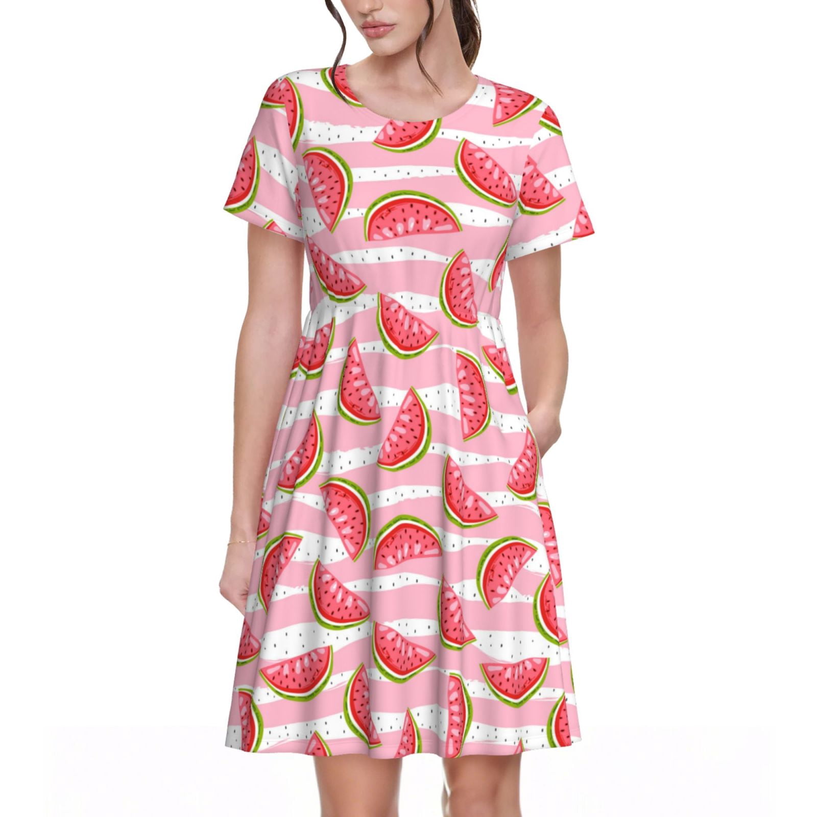 Defioc Sweet Watermelon Pattern Womens Summer Dresses Short Sleeve ...
