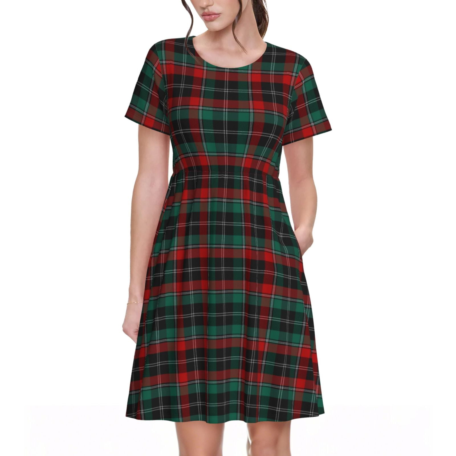 Defioc Tartan Plaid Pattern Womens Summer Dresses Short Sleeve Sundress ...