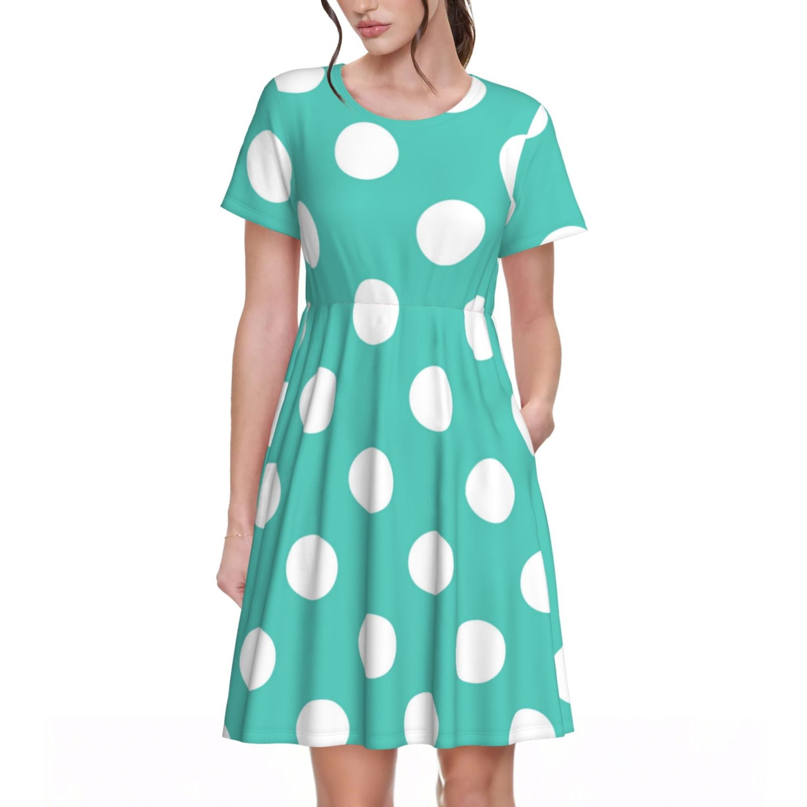 Defioc Teal Turquoise And White Polka Dot Pattern Womens Summer Dresses ...