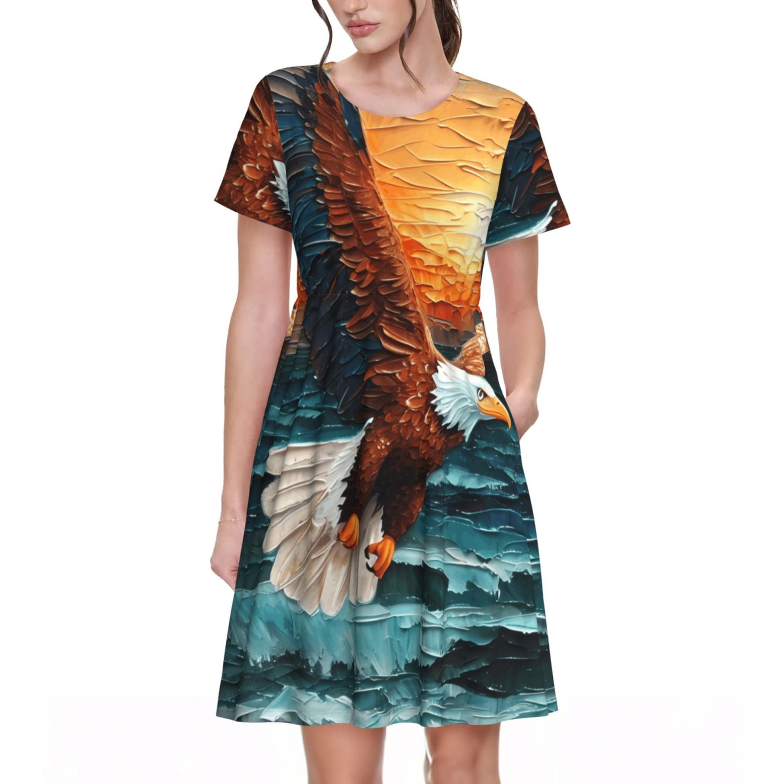 Defioc Textured Bald Eagle Pattern Womens Summer Dresses Short Sleeve ...