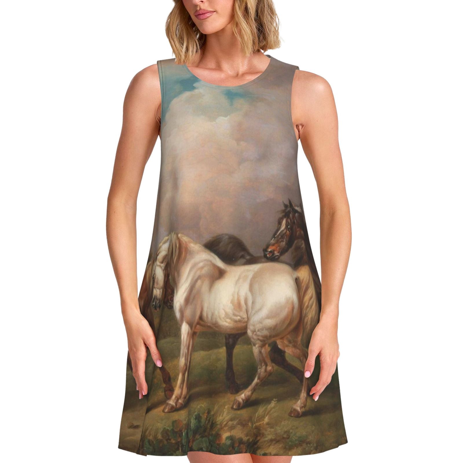 Defioc Three Horses Oil Painting Pattern Women's Summer Dresses 2025 ...