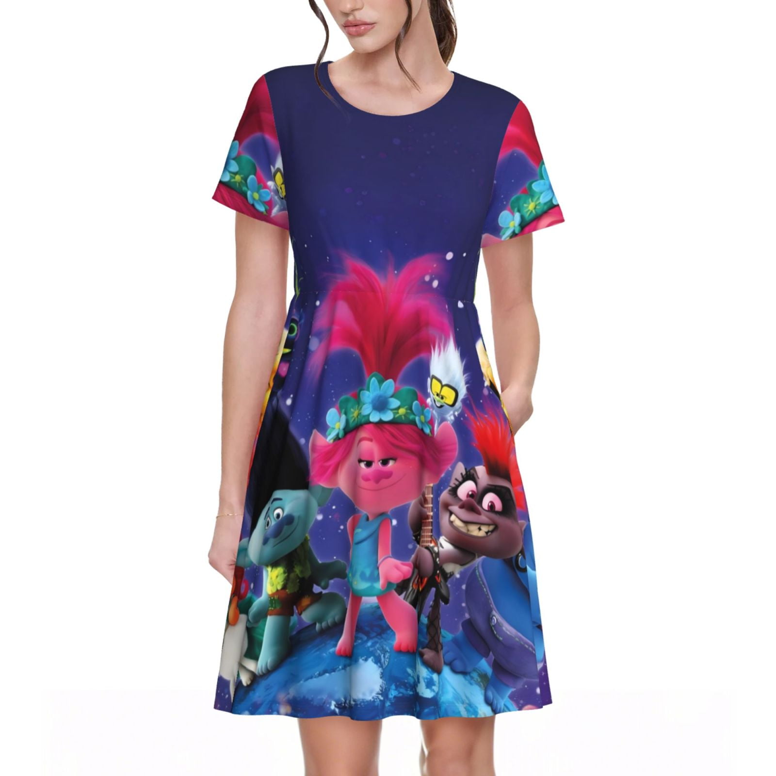 Defioc Trolls Band Together Pattern Womens Summer Dresses Short Sleeve ...