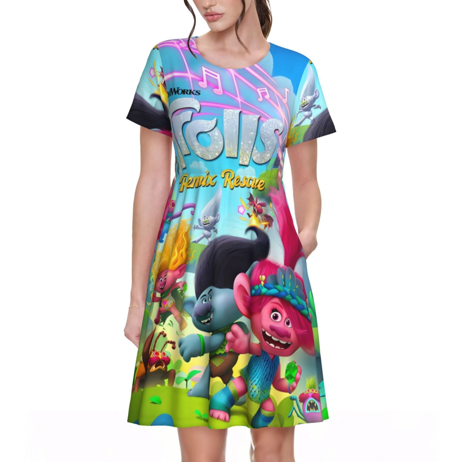 Defioc Trolls Band Together Pattern Womens Summer Dresses Short Sleeve ...