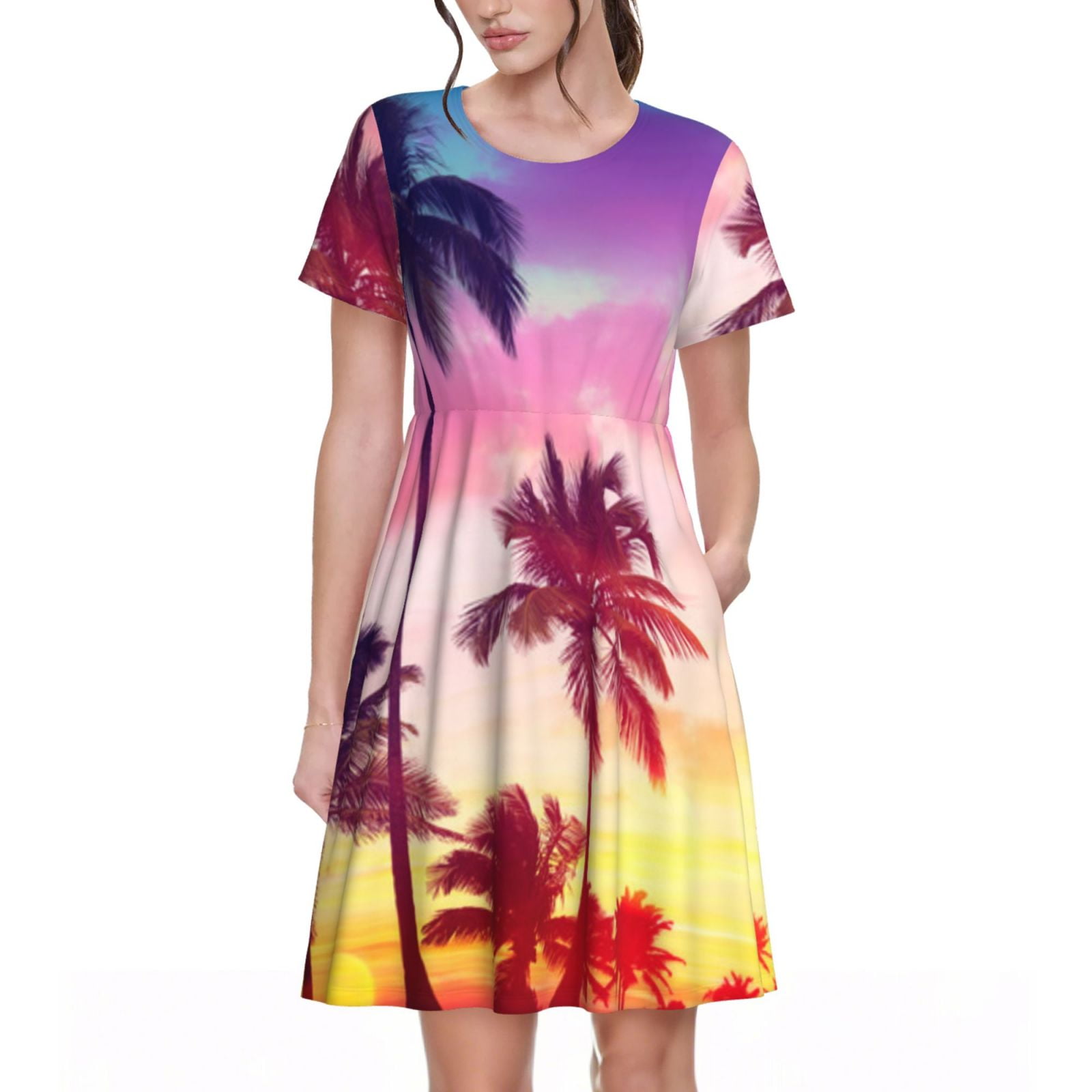 Defioc Tropical Palm Tree at Sunset Pattern Womens Summer Dresses Short Sleeve Sundress 2025 ...