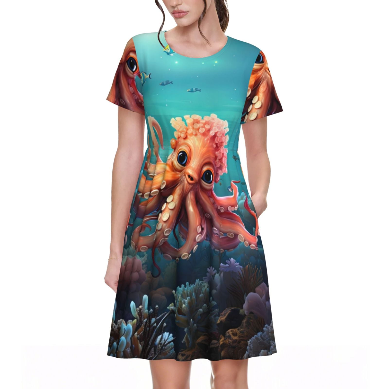 Defioc Underwater Plant Octopus Pattern Womens Summer Dresses Short ...