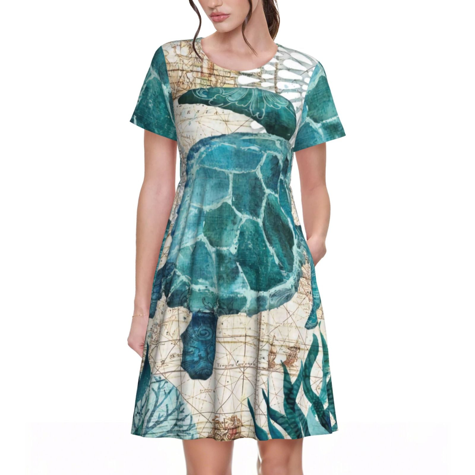 Defioc Watercolor Sea Turtle Pattern Womens Summer Dresses Short Sleeve ...