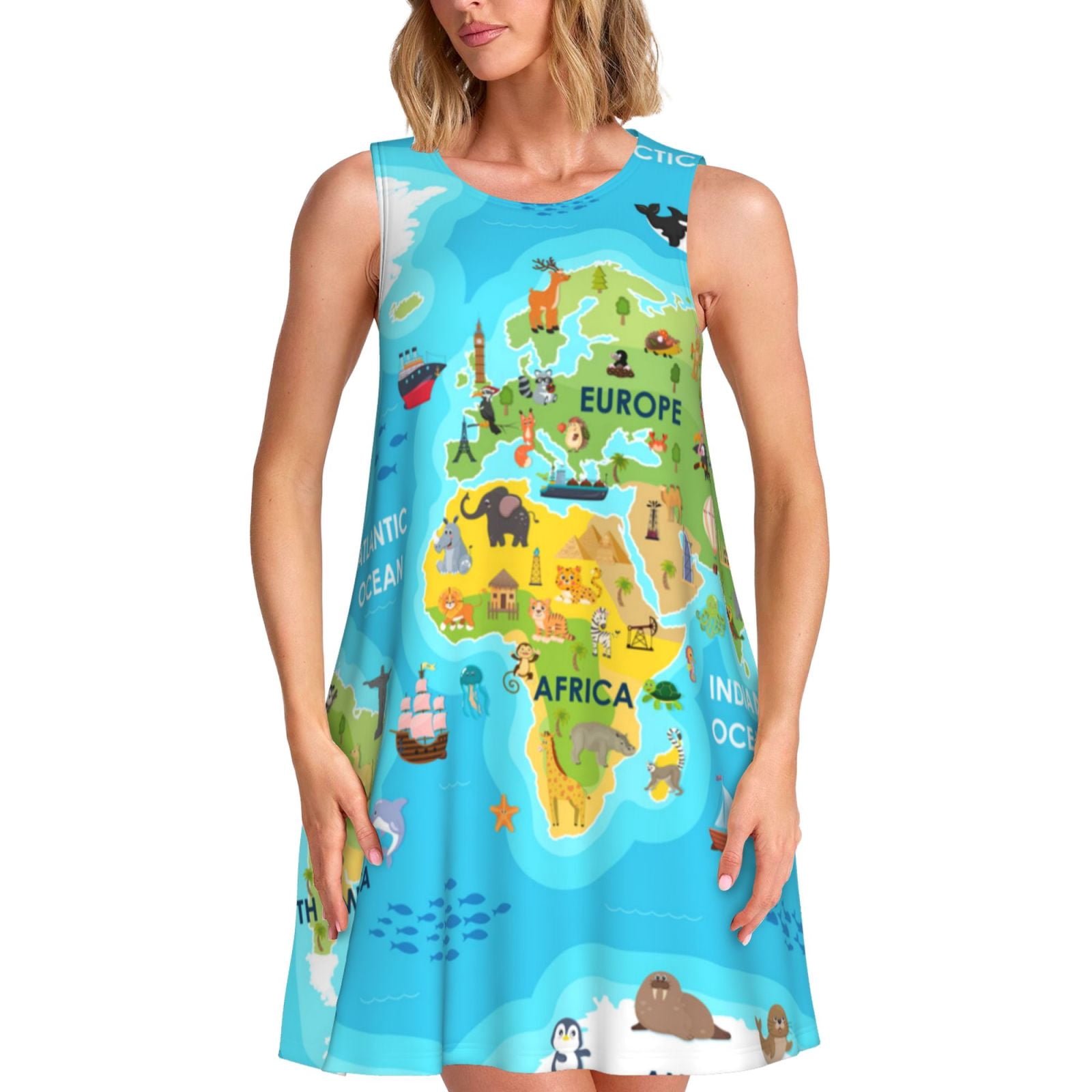 Defioc World Map With Animals Landmarks Pattern Women's Summer Dresses ...