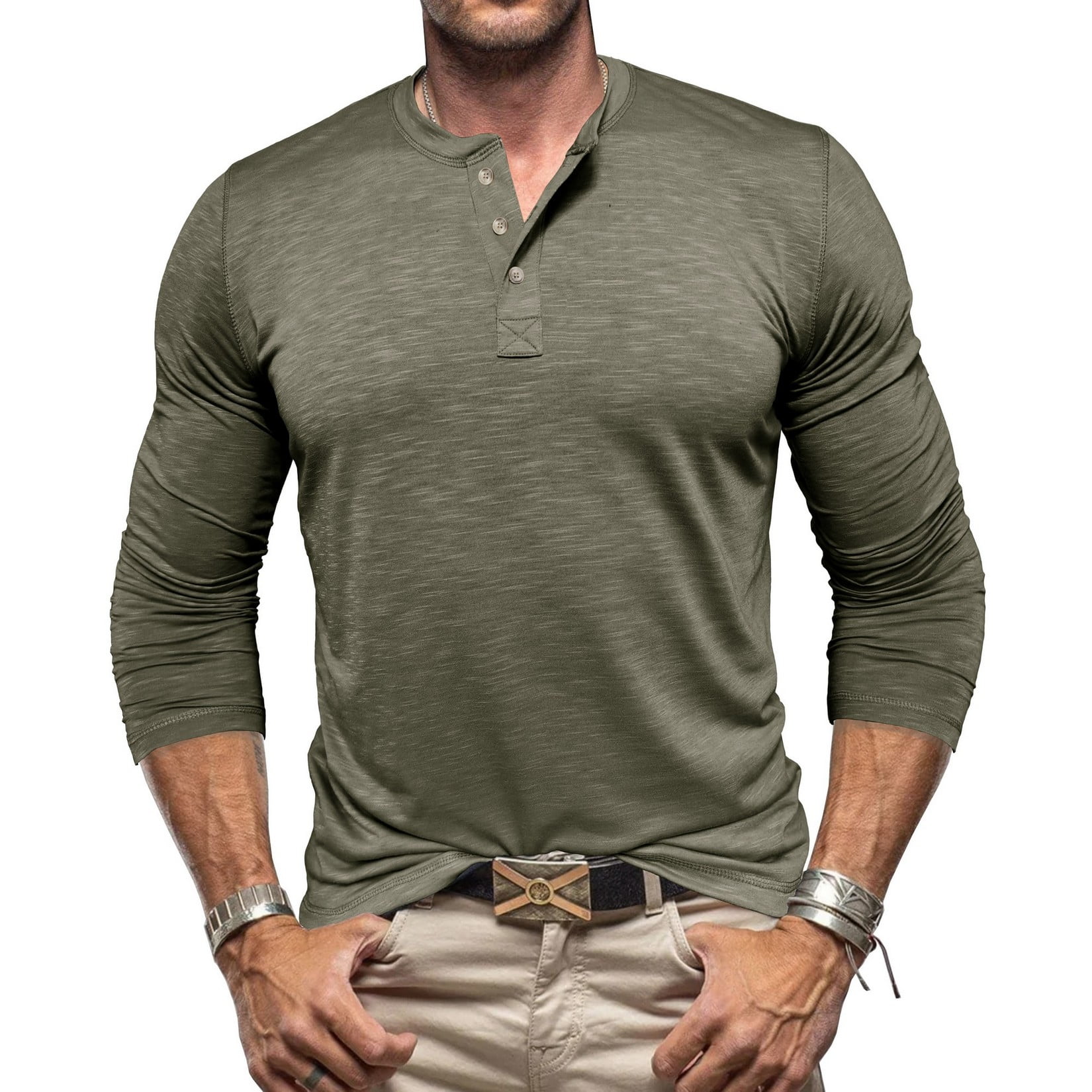 Defitshape Men's Button Blouse Long Sleeve Top Henley Casual Thin ...