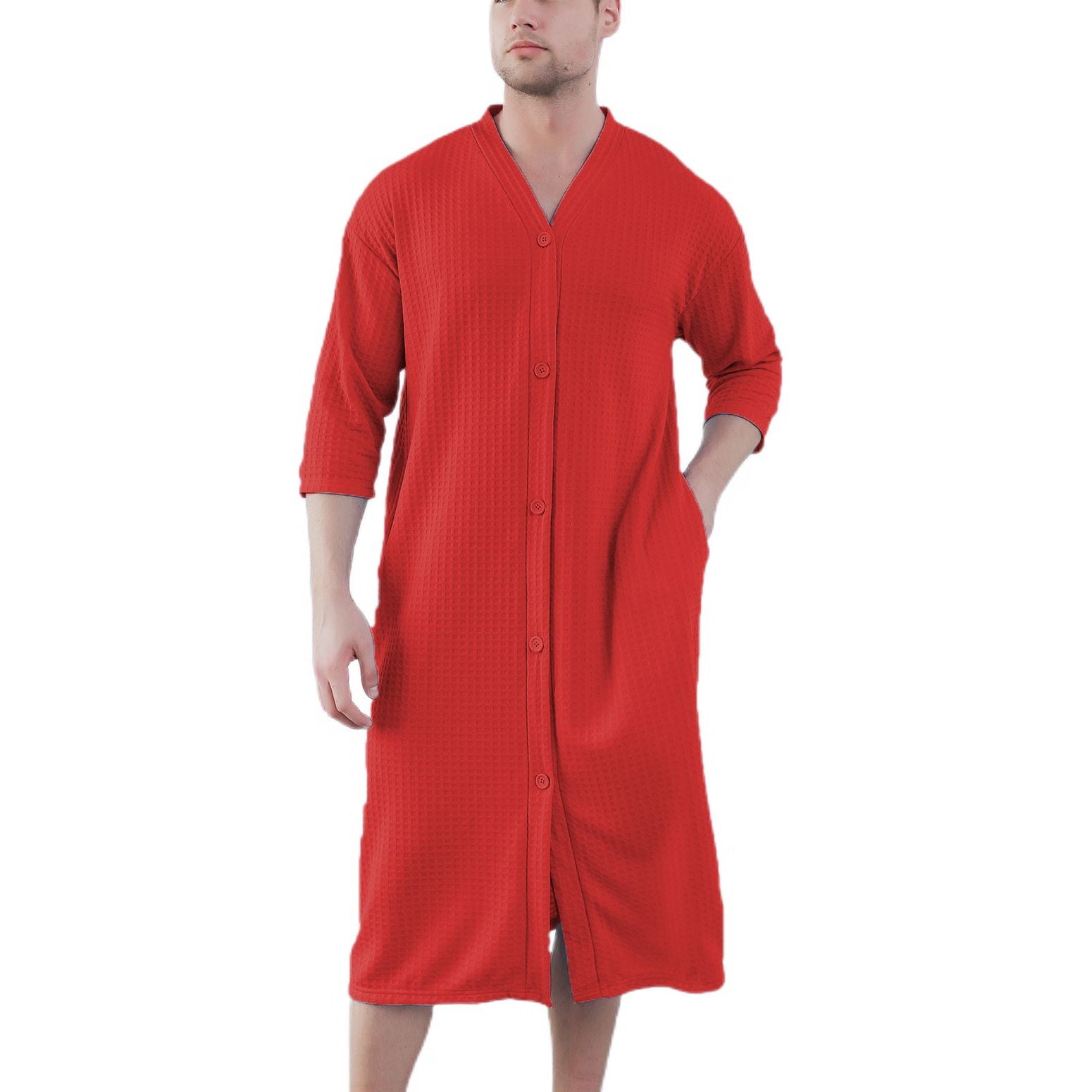 Defitshape Men's Button Up House Coat Soft Robe Sleepwear V Neck Waffle ...