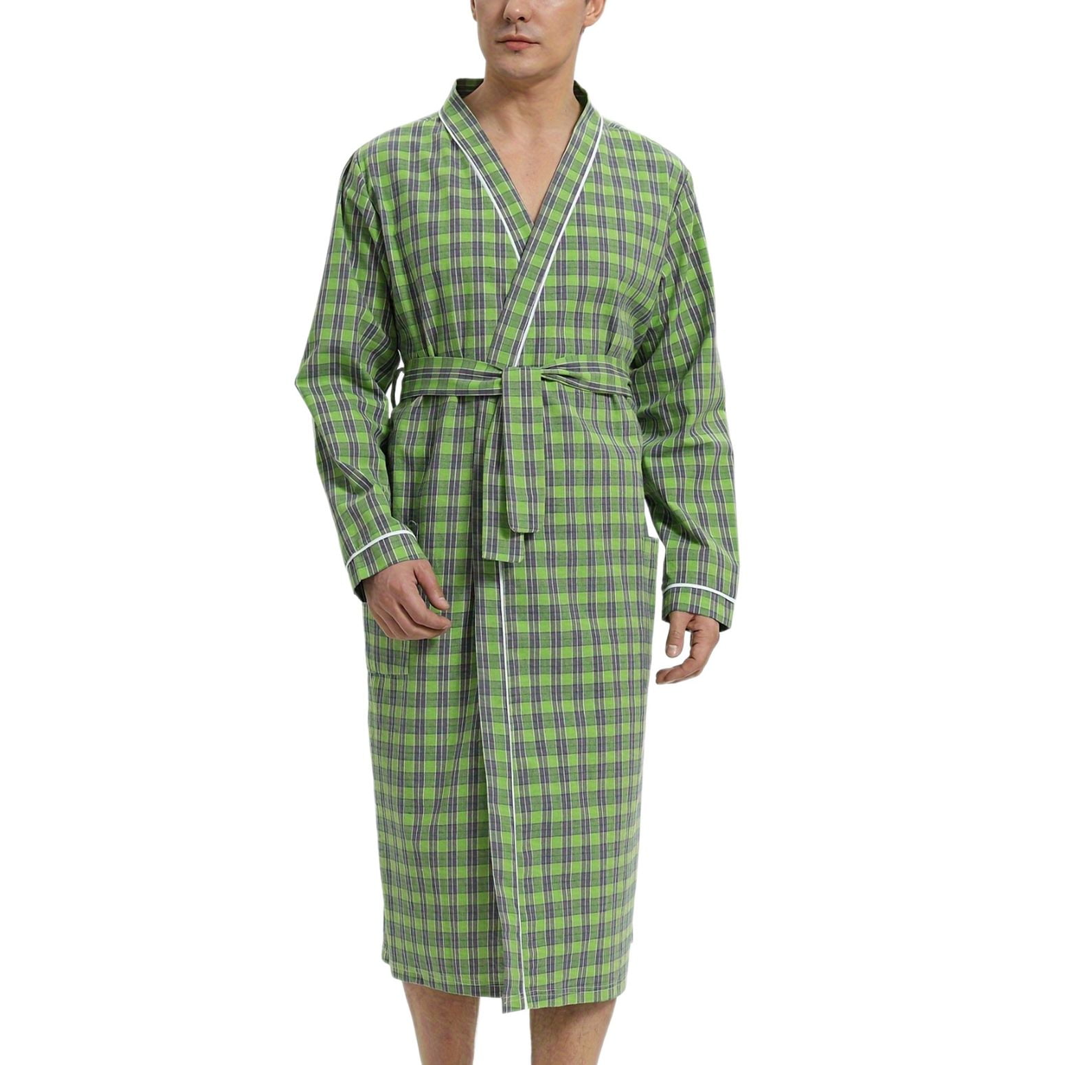 Defitshape Men's Long Sleeve Cotton Robe Summer Plaid Soft Long Robe ...