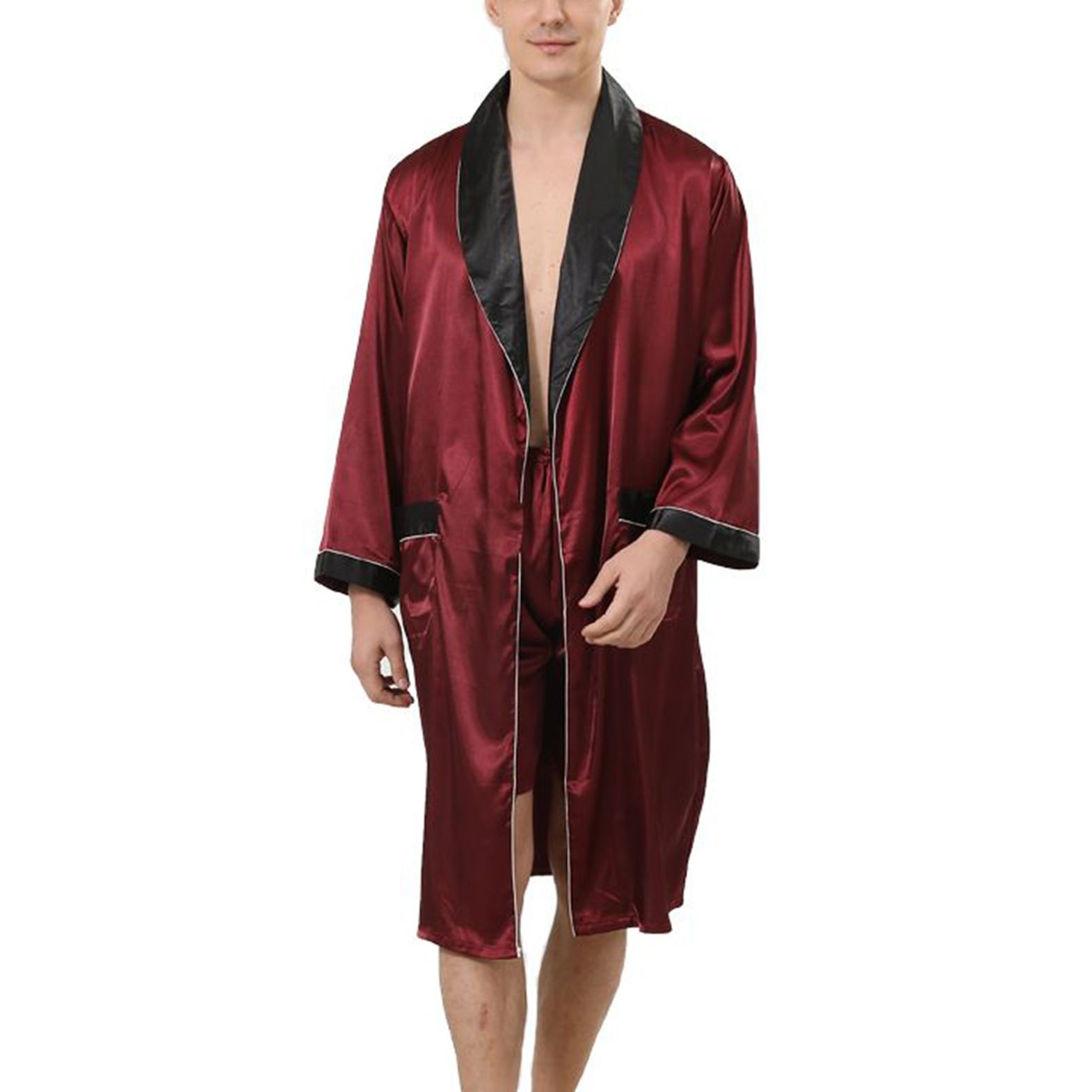 Defitshape Men's Long Sleeve Robe Pajama Shorts Bathrobe Boxer Shorts ...