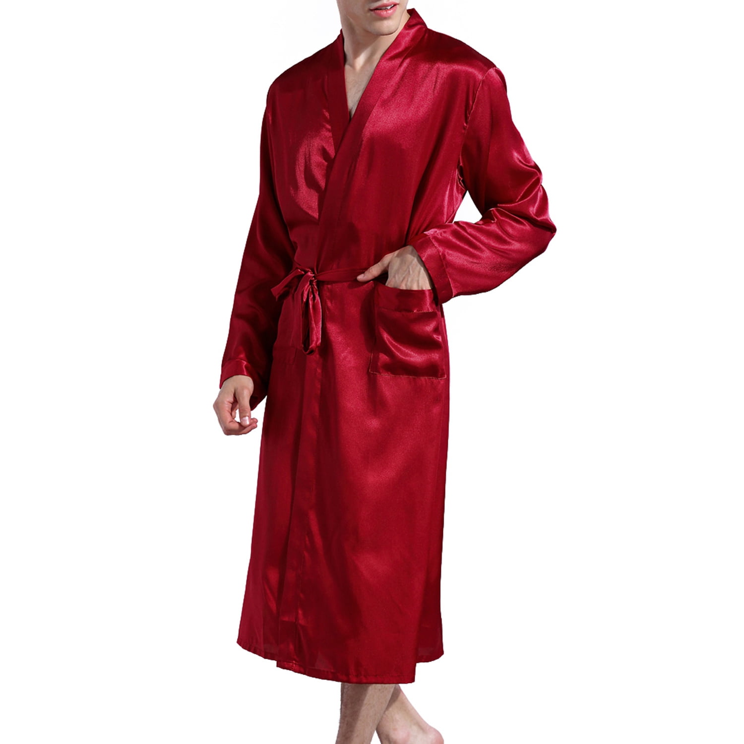 Defitshape Men's Satin Kimono Robe Long Spa Bathrobes Sleepwear ...