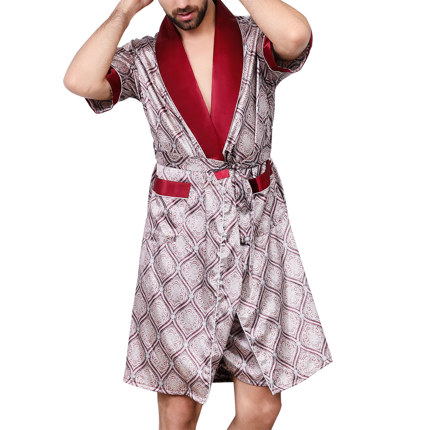 Defitshape Men's Short Sleeves Summer Satin Kimono Robe Silk Bathrobe ...