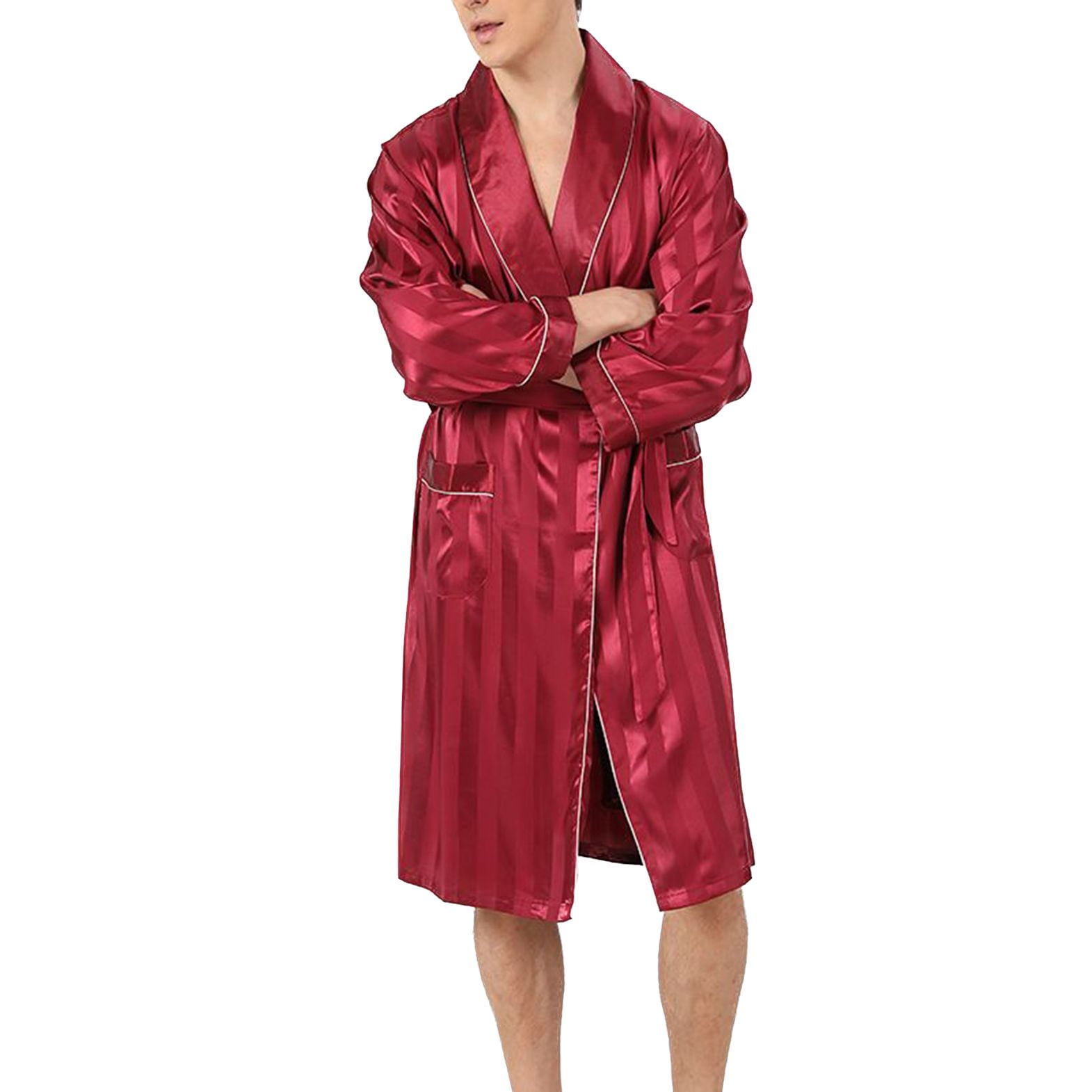 Defitshape Men's Silk Bath Robe Long Sleeve Pajama Set 2 Piece Satin ...