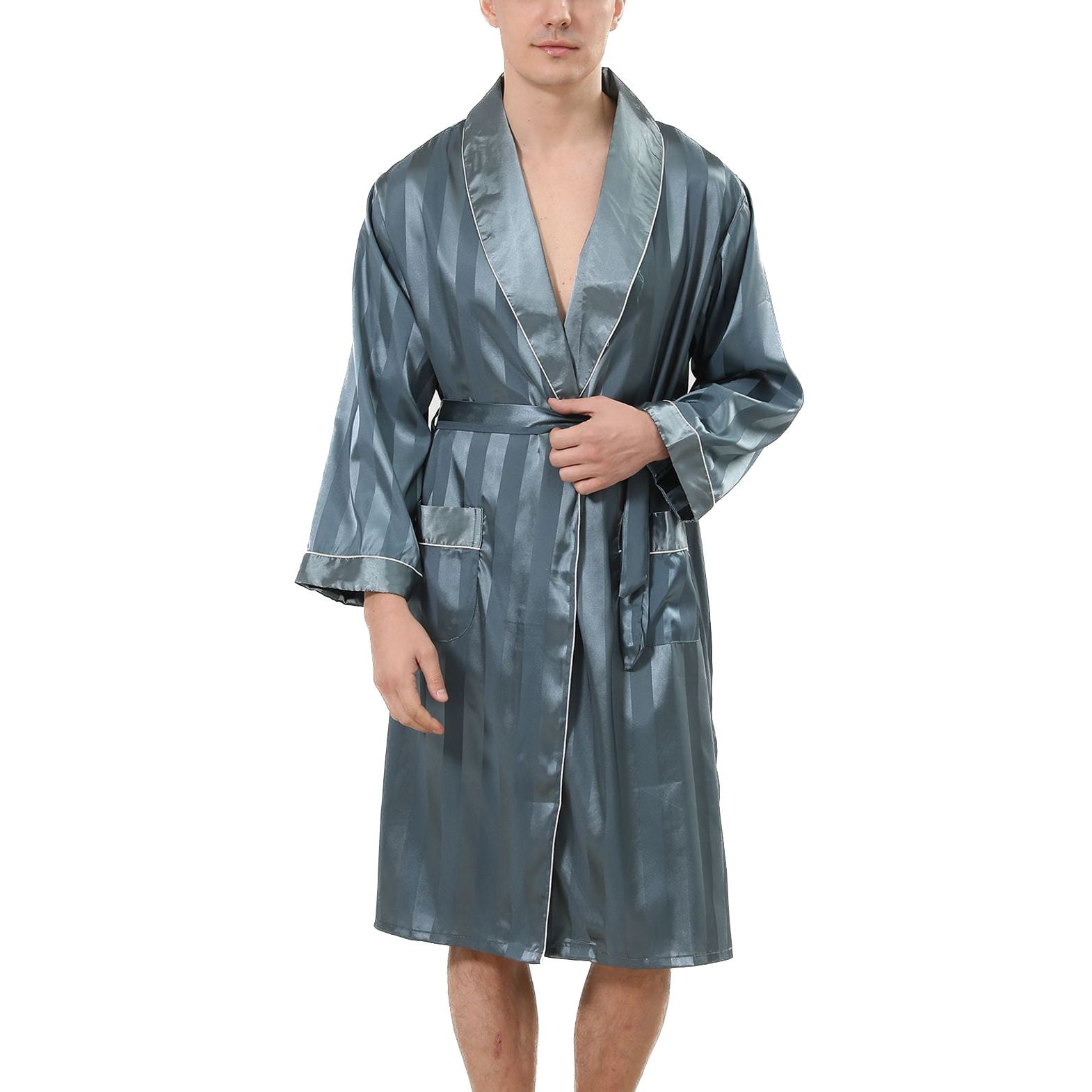 Defitshape Men's Silk Bath Robe Long Sleeve Pajama Set 2 Piece Satin ...