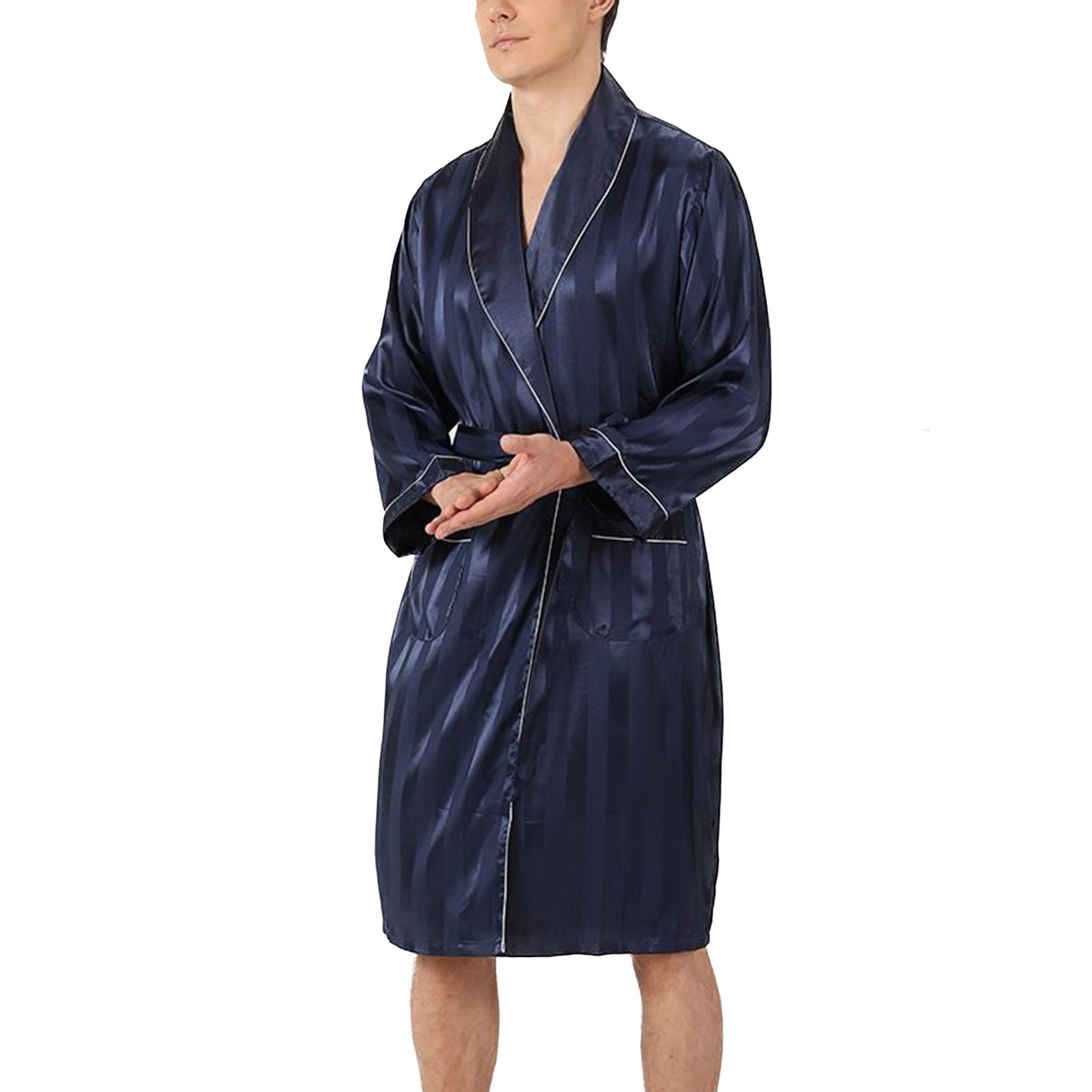 Defitshape Men's Silk Bath Robe Long Sleeve Pajama Set 2 Piece Satin ...