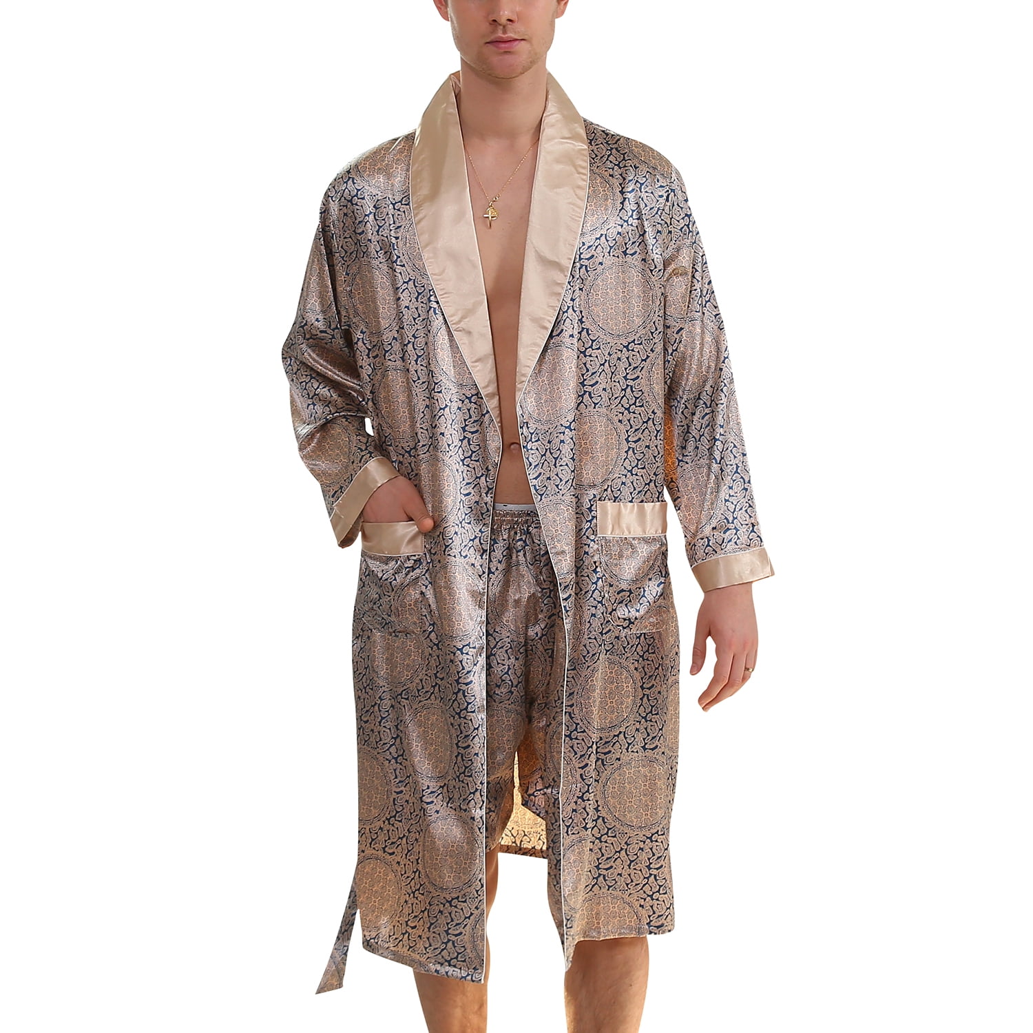 Defitshape Men's Silk Bathrobe Shorts Long Sleeves Satin Pajama Set ...