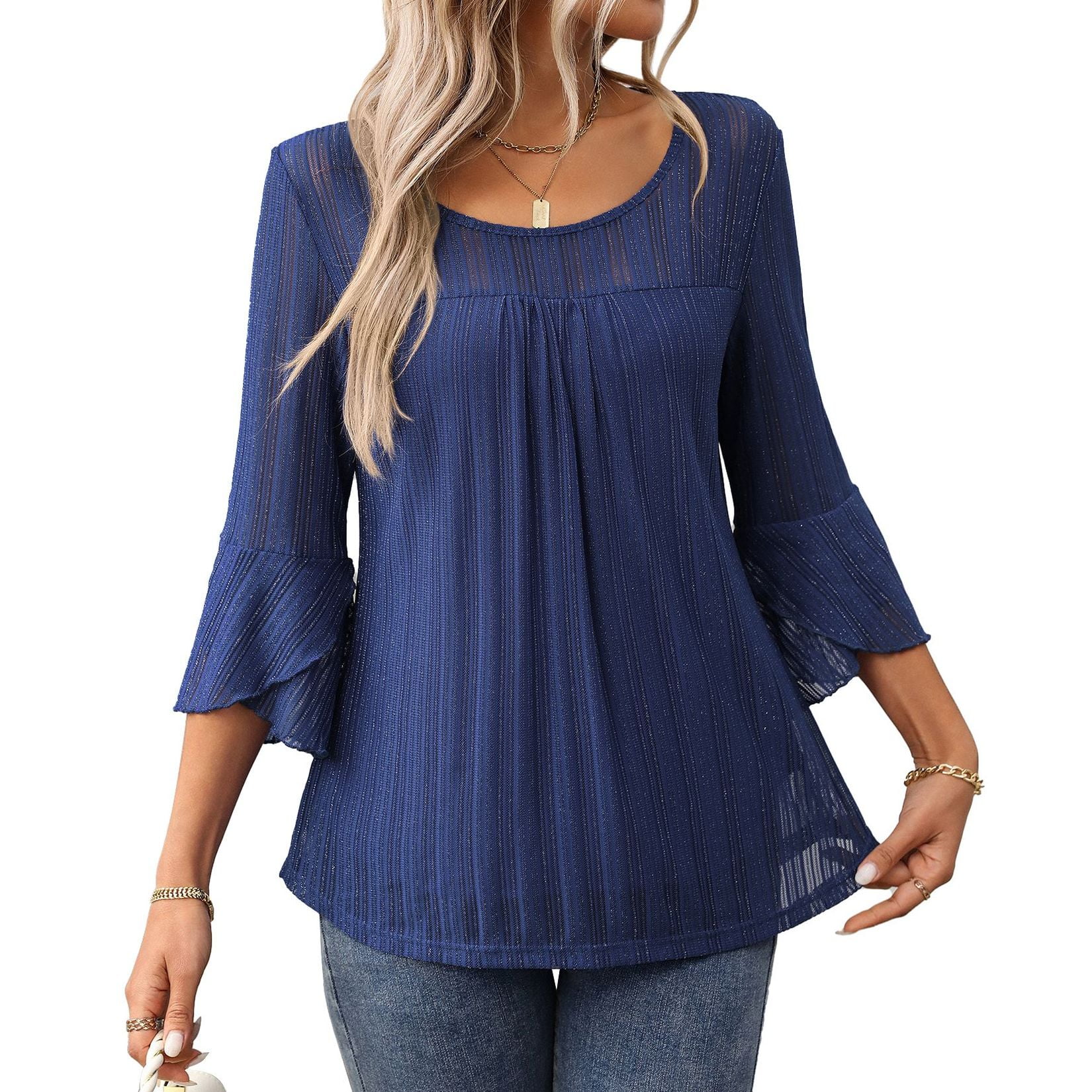 Defitshape Women's 3/4 Sleeve Blouse Casual Blouse Shirt Chic Crew Neck ...