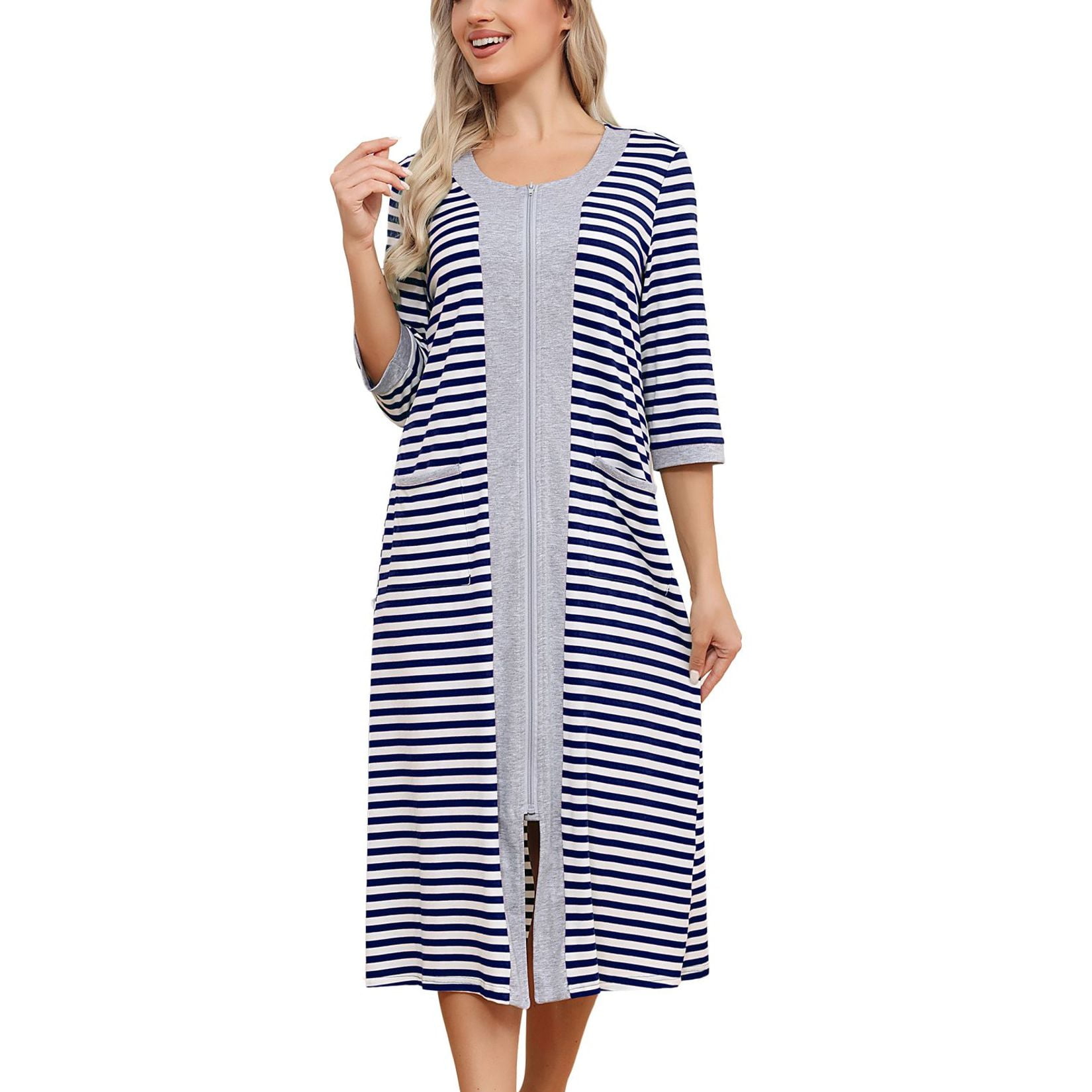 Defitshape Women's 3/4 Sleeve Robe House Coat Zipper Bathrobes Full Zip ...